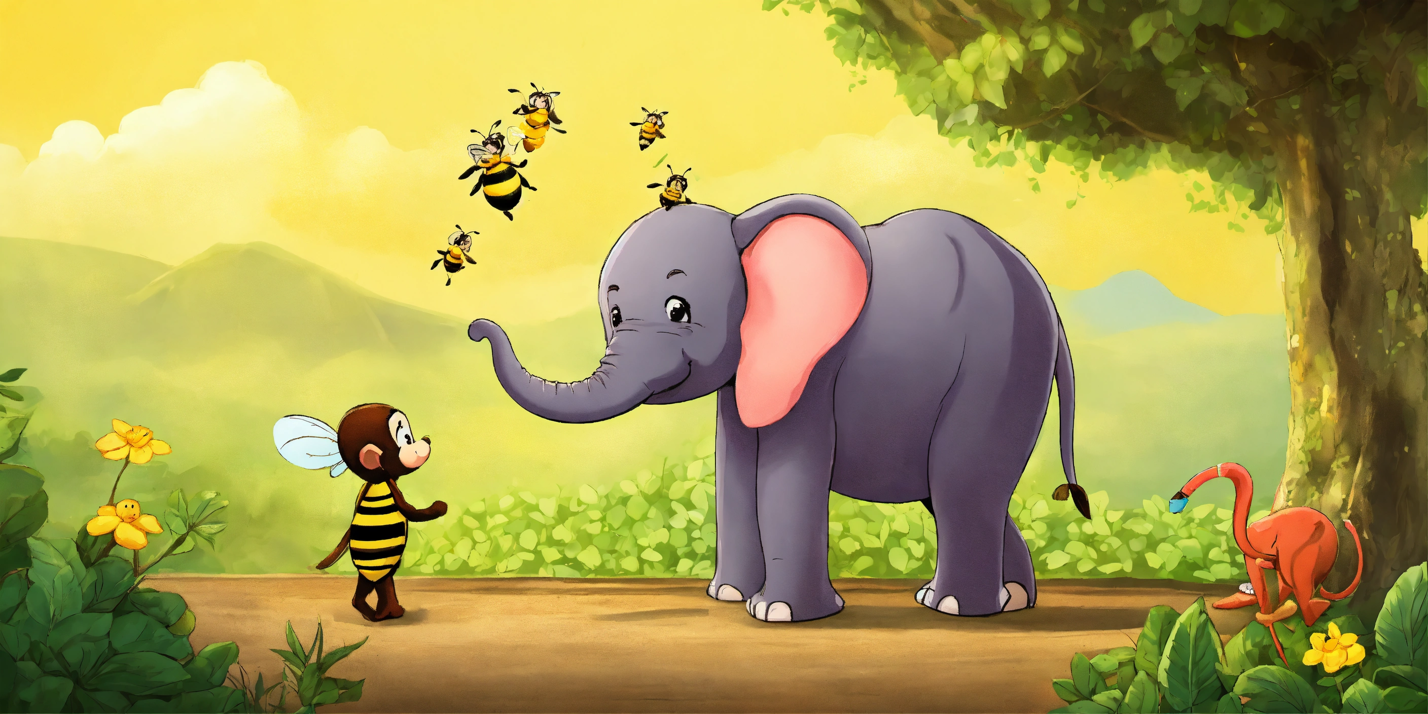 Lexica - Bee watching small monkey and elephant cartoon