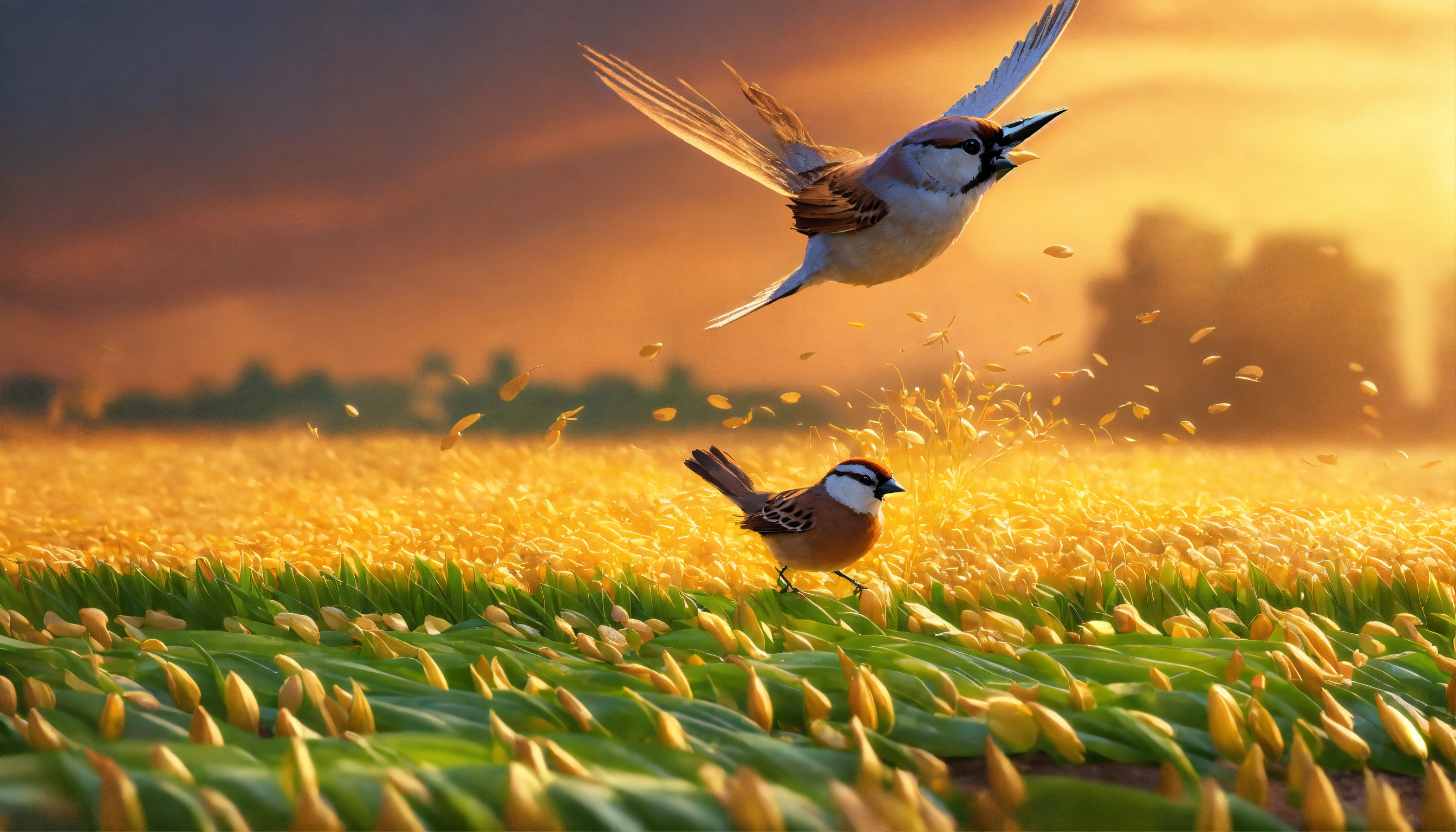 Lexica - "Create an image of the sparrow tending to the field and ...