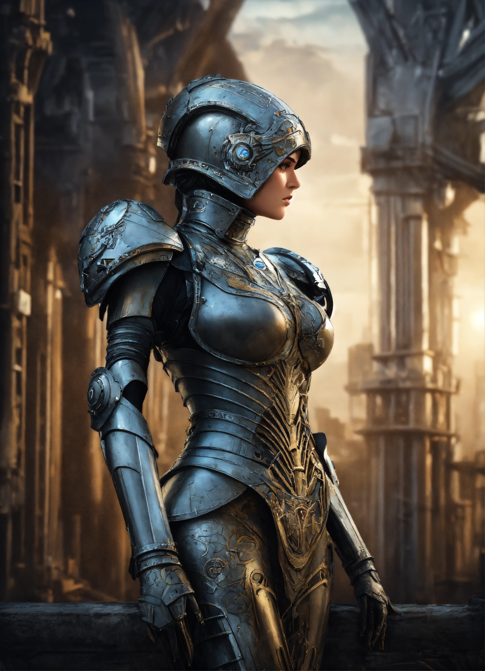 Lexica - "Elegant Armored Lady" Dystopian urban ruins in 1930, centred ...