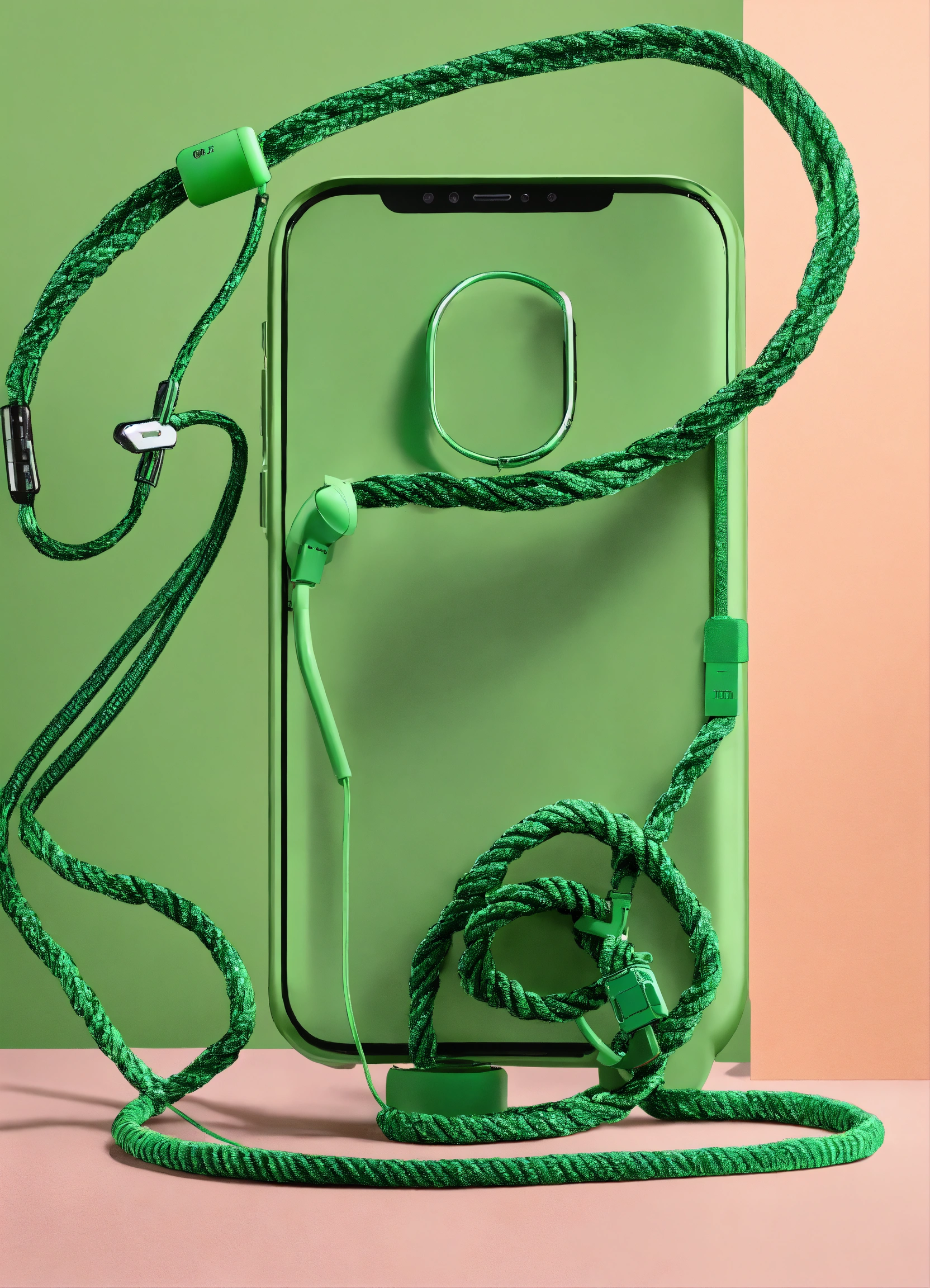 Lexica - One suspended secure green bungee cord in knot holding phone ...