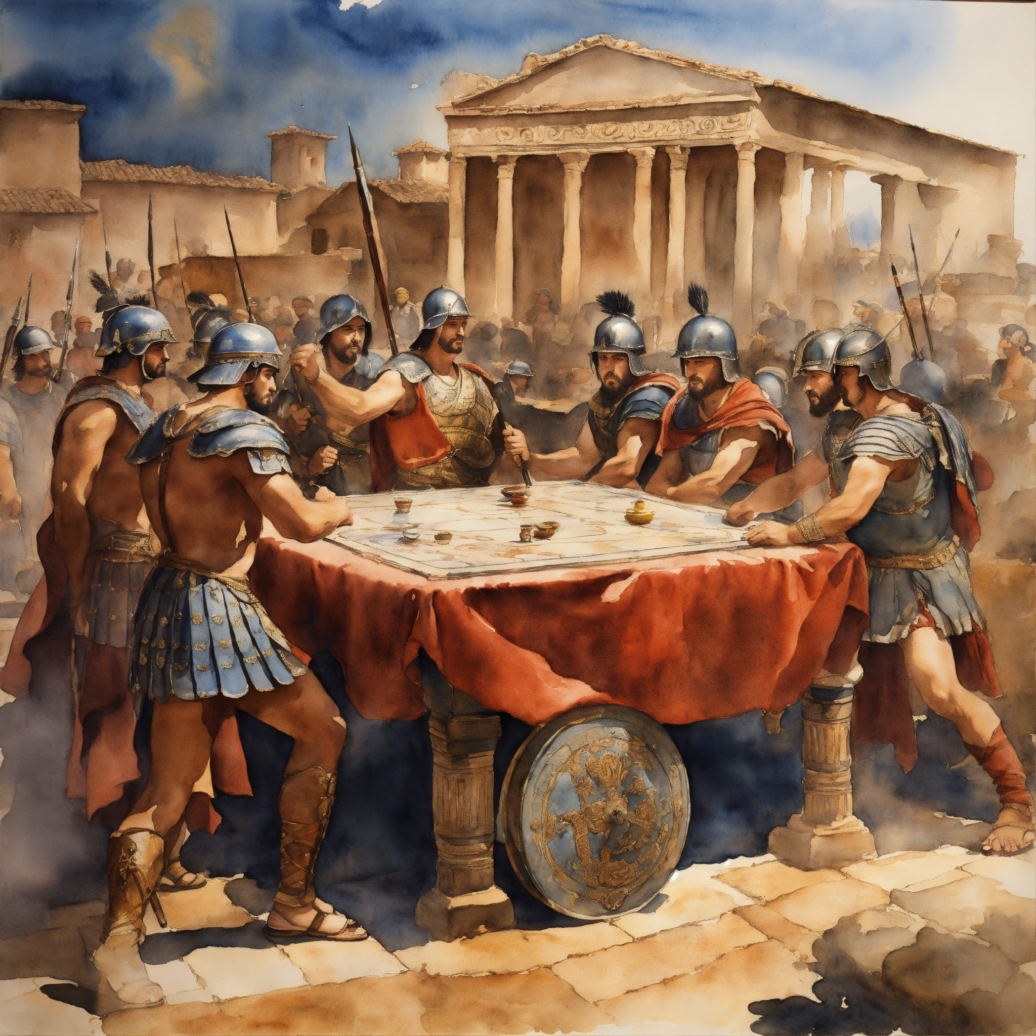 Lexica - Ancient roman battle table, aquarelle painting