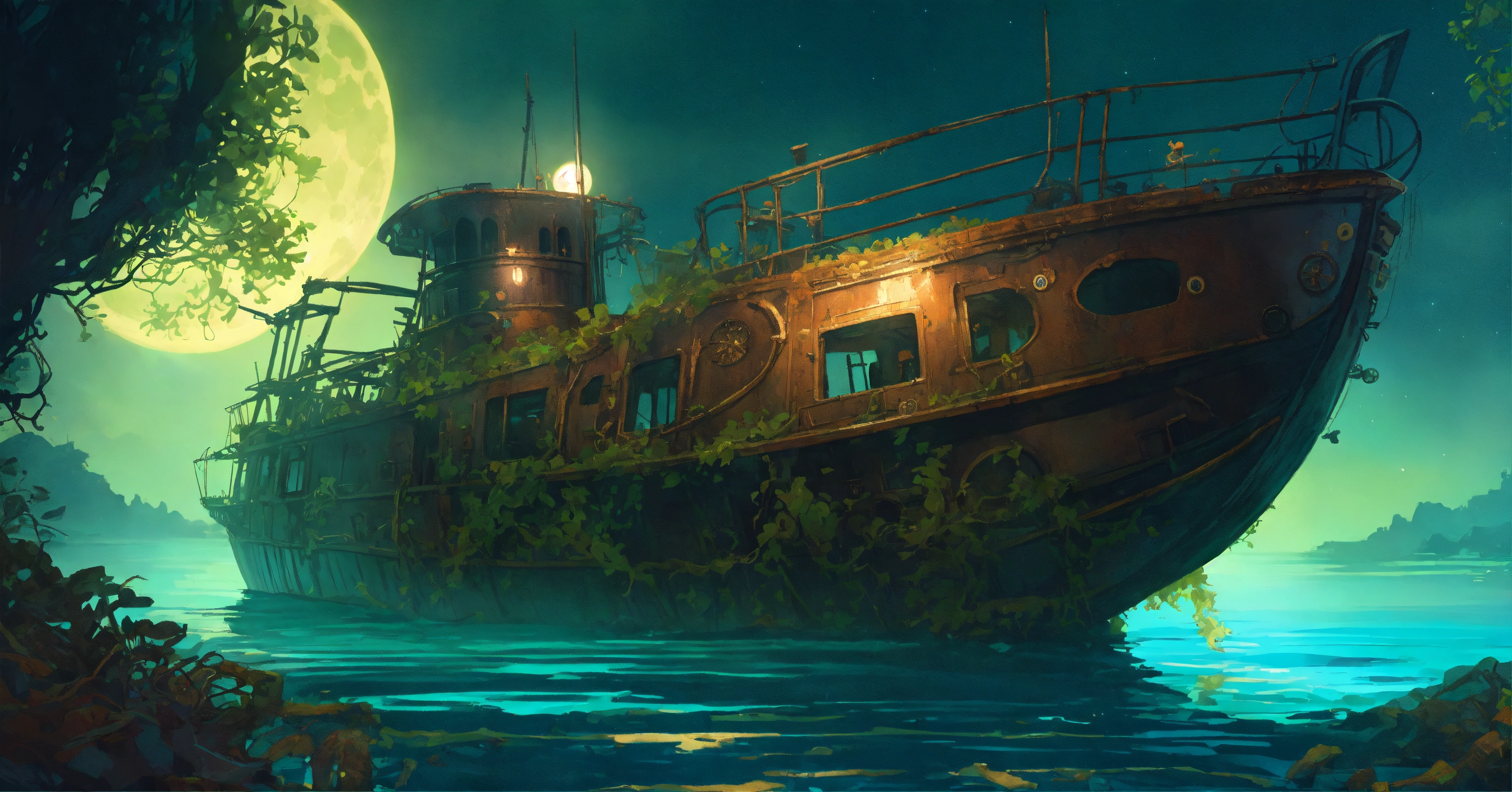 Lexica - Beached heavily overgrown steampunk submersible tilted rusty ...