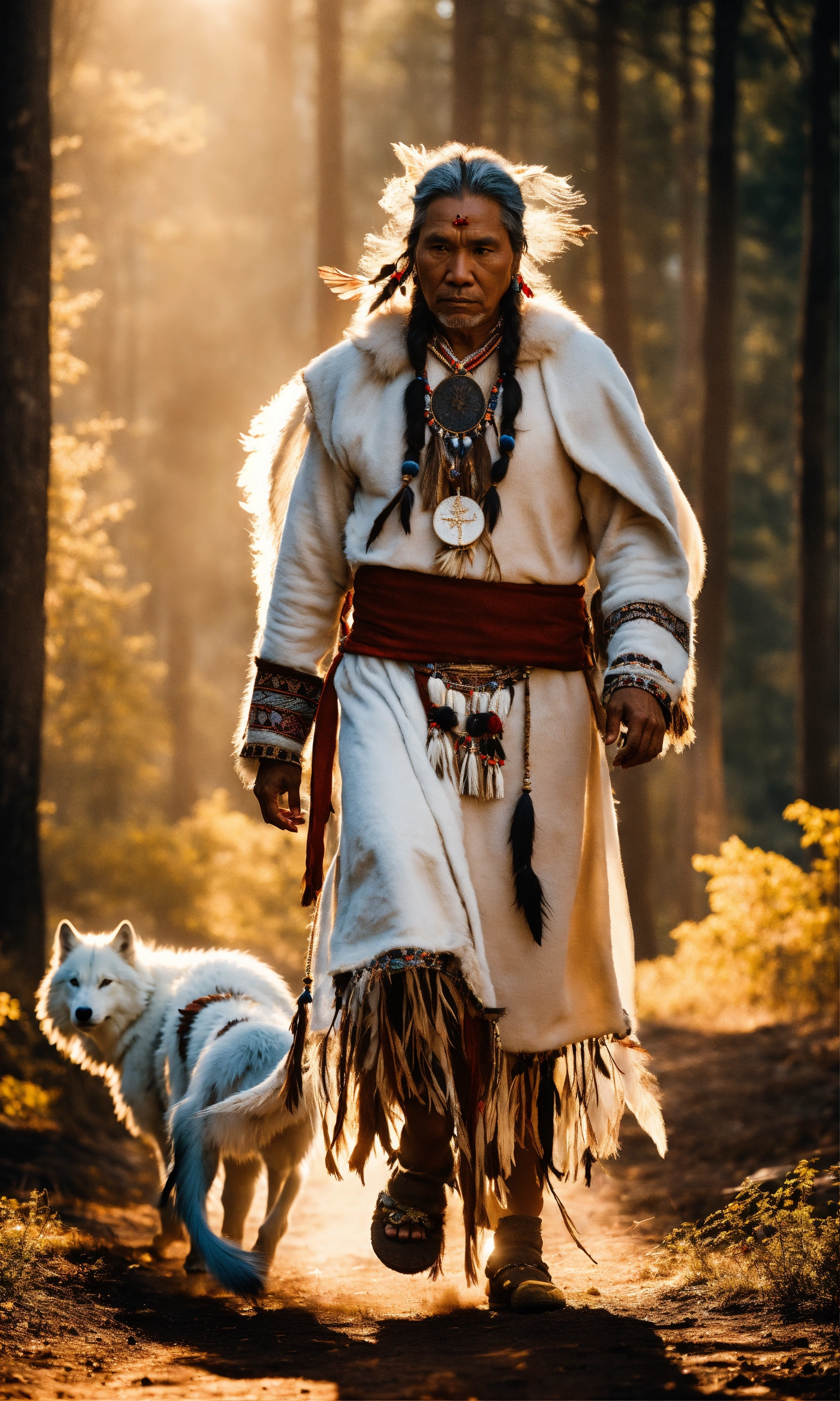 Lexica - Cinematic image of indigenous shaman of North America walking ...