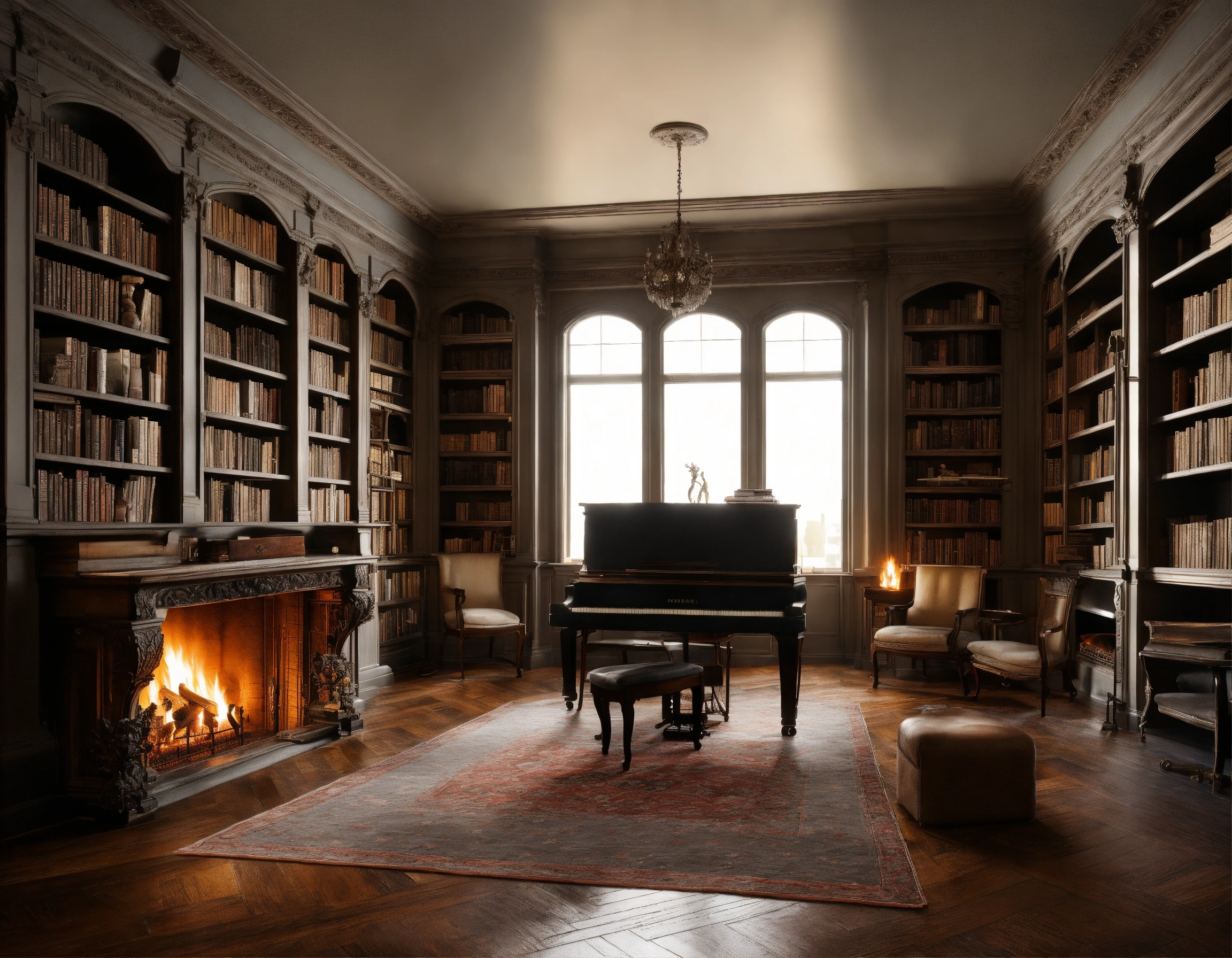 Lexica - Beautiful library with wooden floor, fireplace, carpets, piano ...