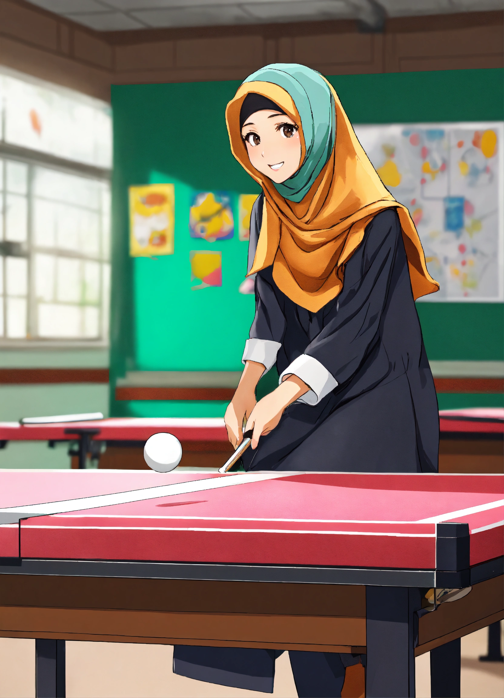 Lexica - Niji style muslimah school girl, playing ping pong in class room