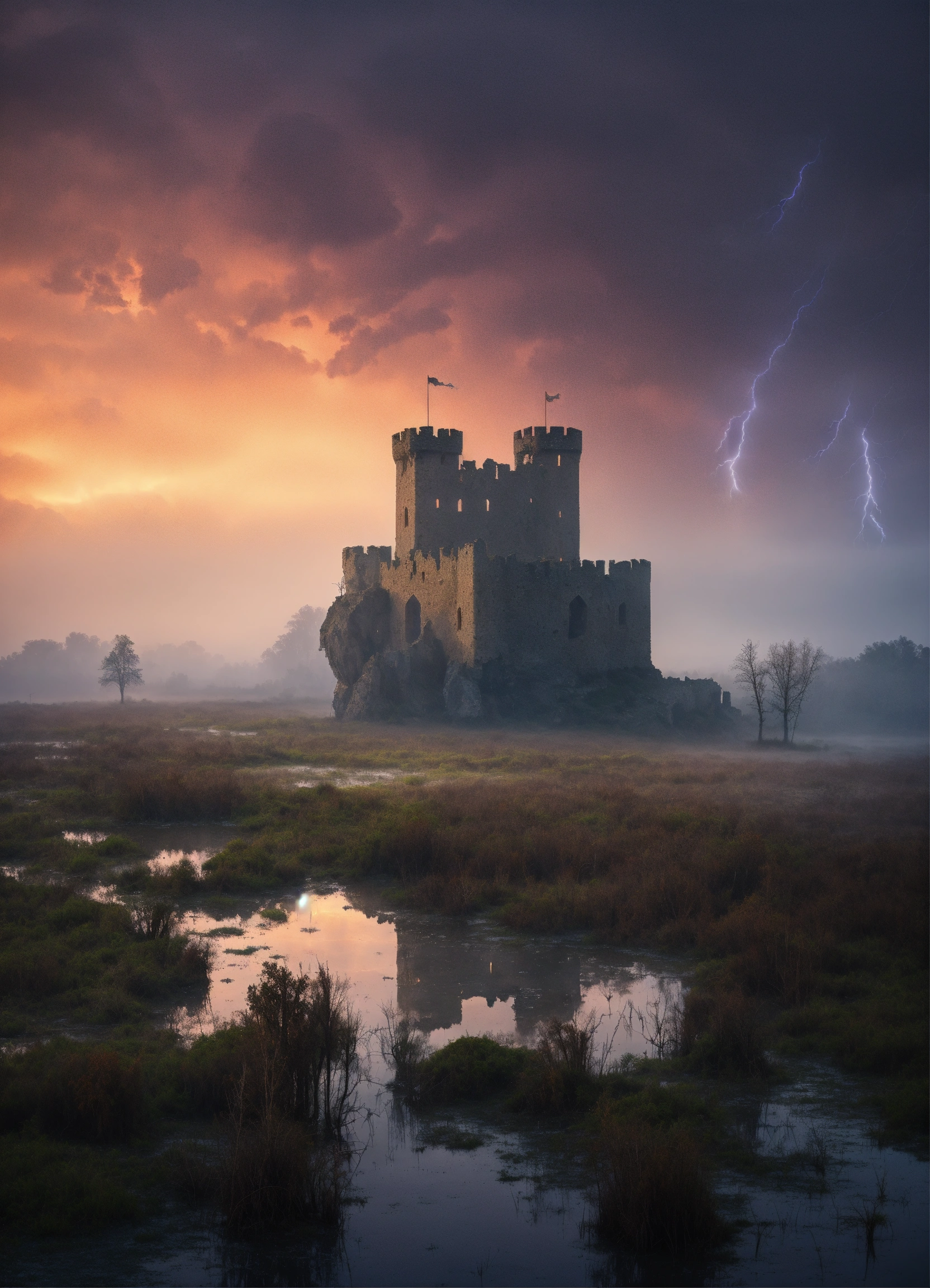 Lexica - Ruin of a stone castle in the middle of a foggy barren swamp ...