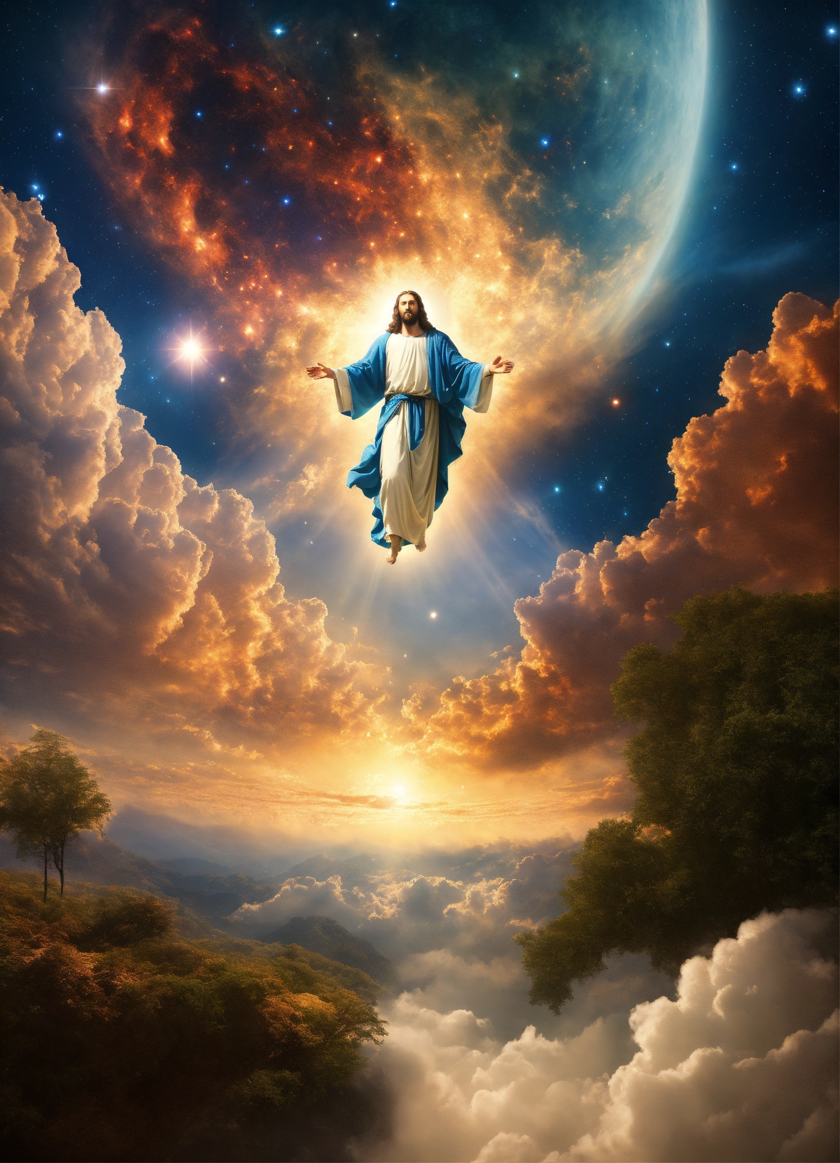 Lexica - A beautiful sky with Jesus descending from the clouds. Planets ...