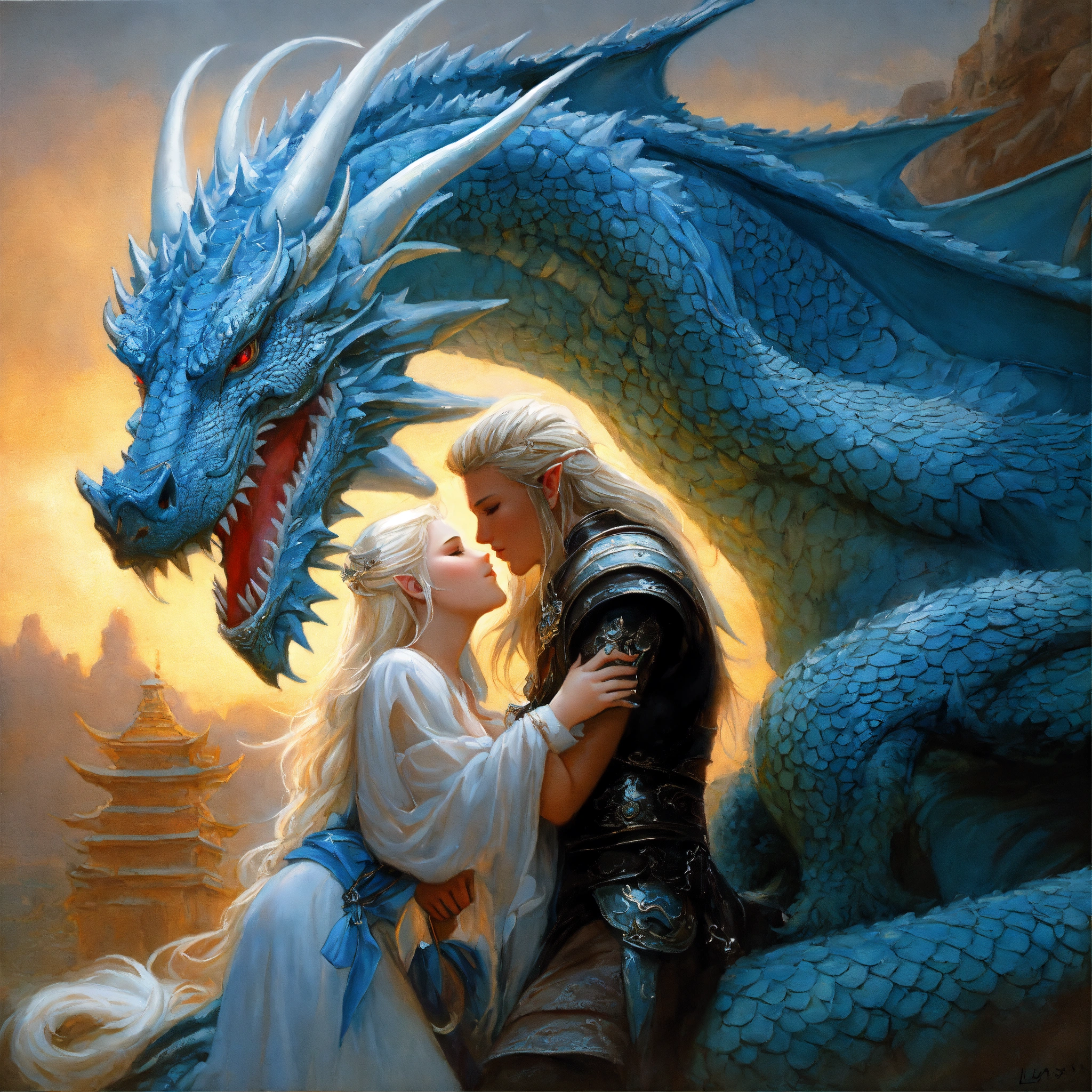 Lexica - Oil painting of a huge, magnificent two meter big blue dragon ...