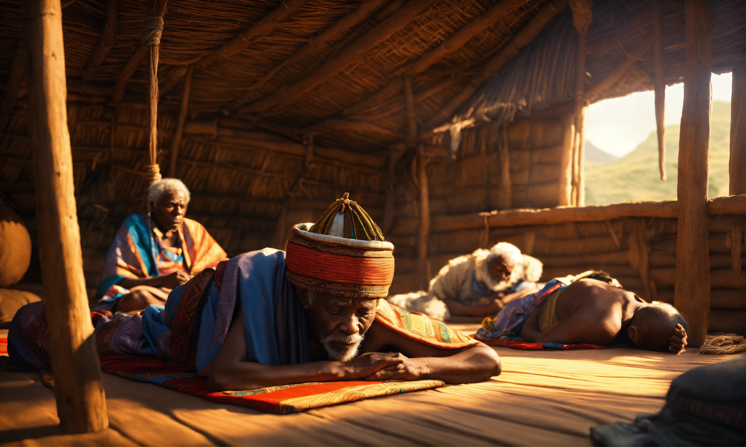 Lexica - Sick african very old men sleeping on mat inside hut , sad and ...