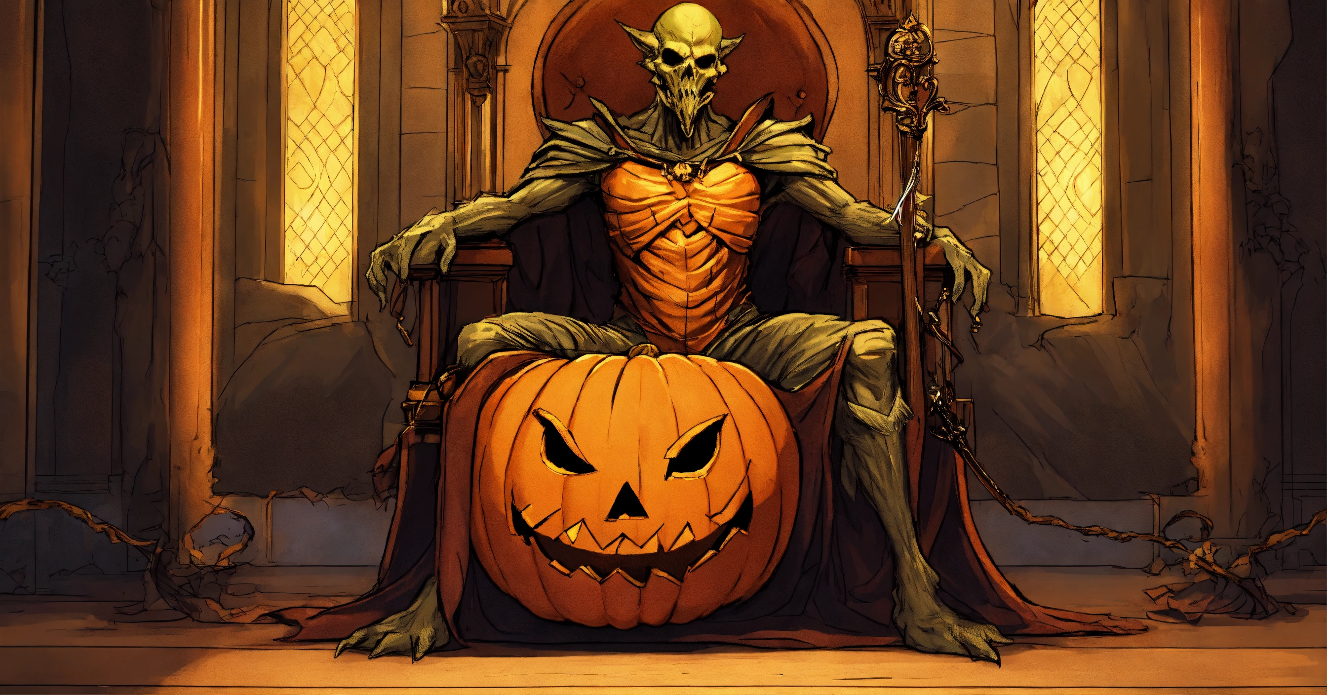 Lexica - Fantasy setting, pumpkinhead monster, sitting on a throne ...