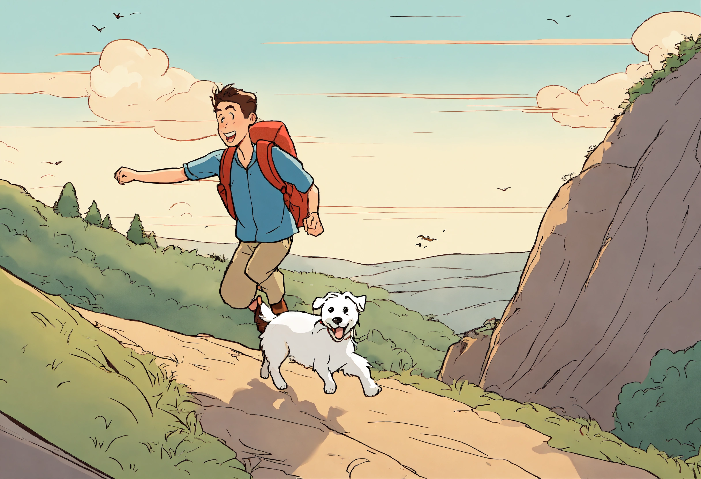 Lexica - Cartoon-style young man walking joyfully, he topple over the ...