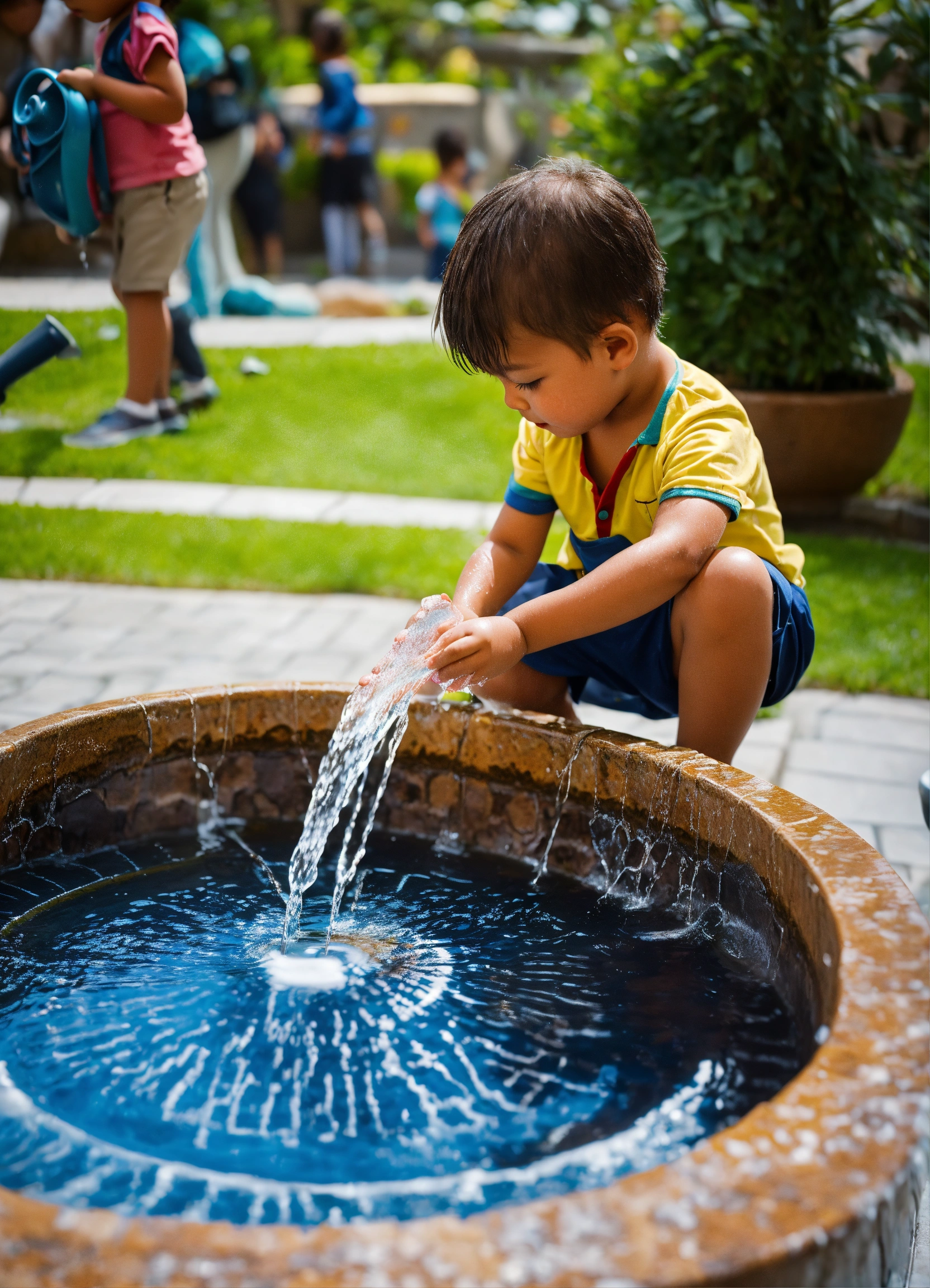 Lexica - A child tapping the water in the fountain with 6 basins ...