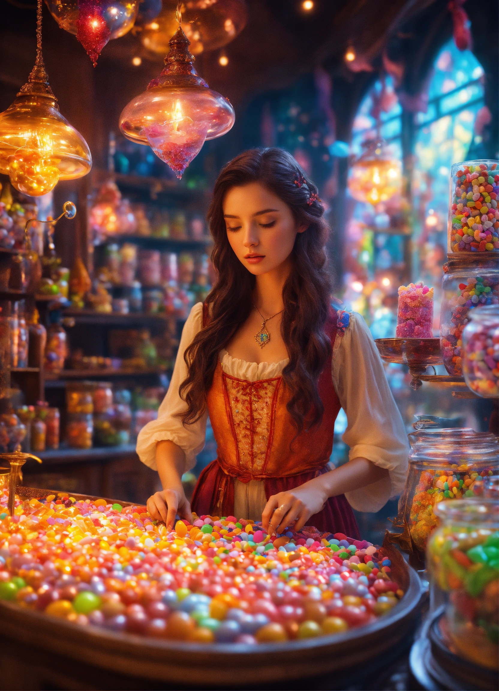Lexica - Beautiful wizard girl conjuring in a fairy tale candy shop ...