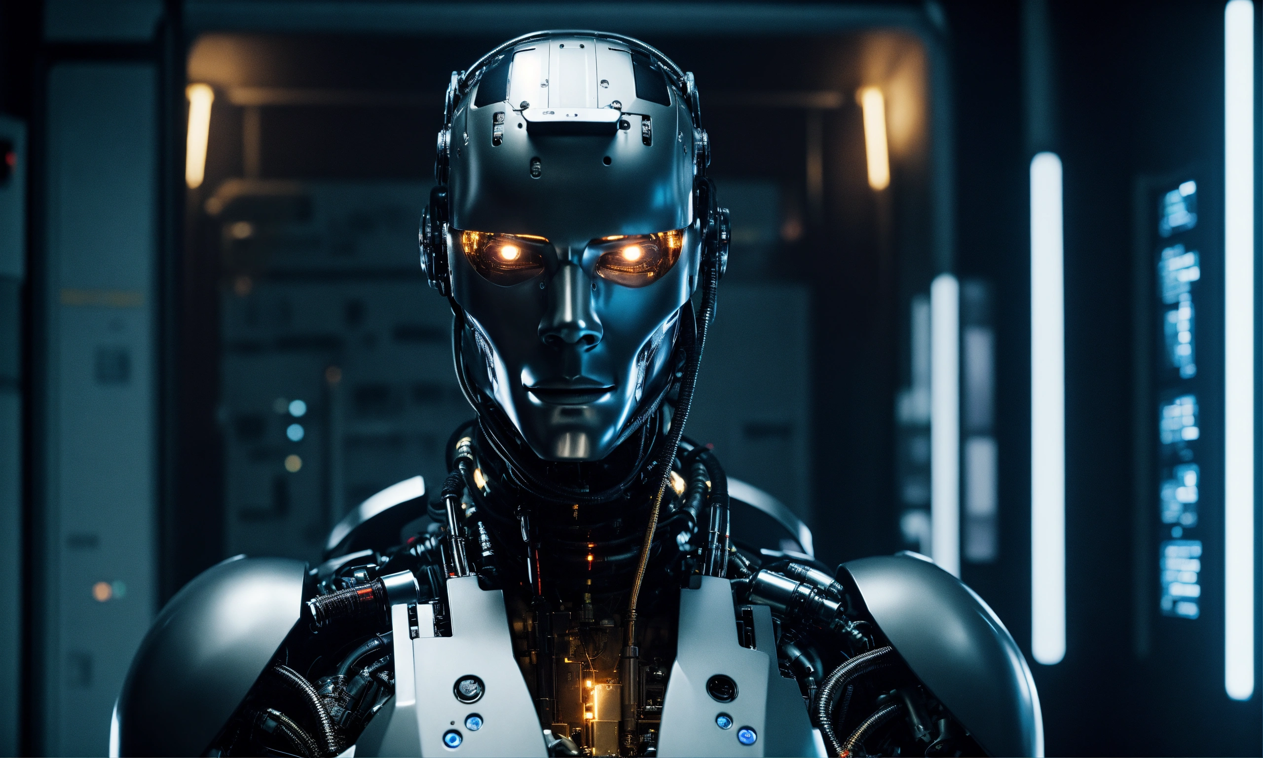 Lexica - Head and torso Portrait of an intimidating male cyborg, more ...