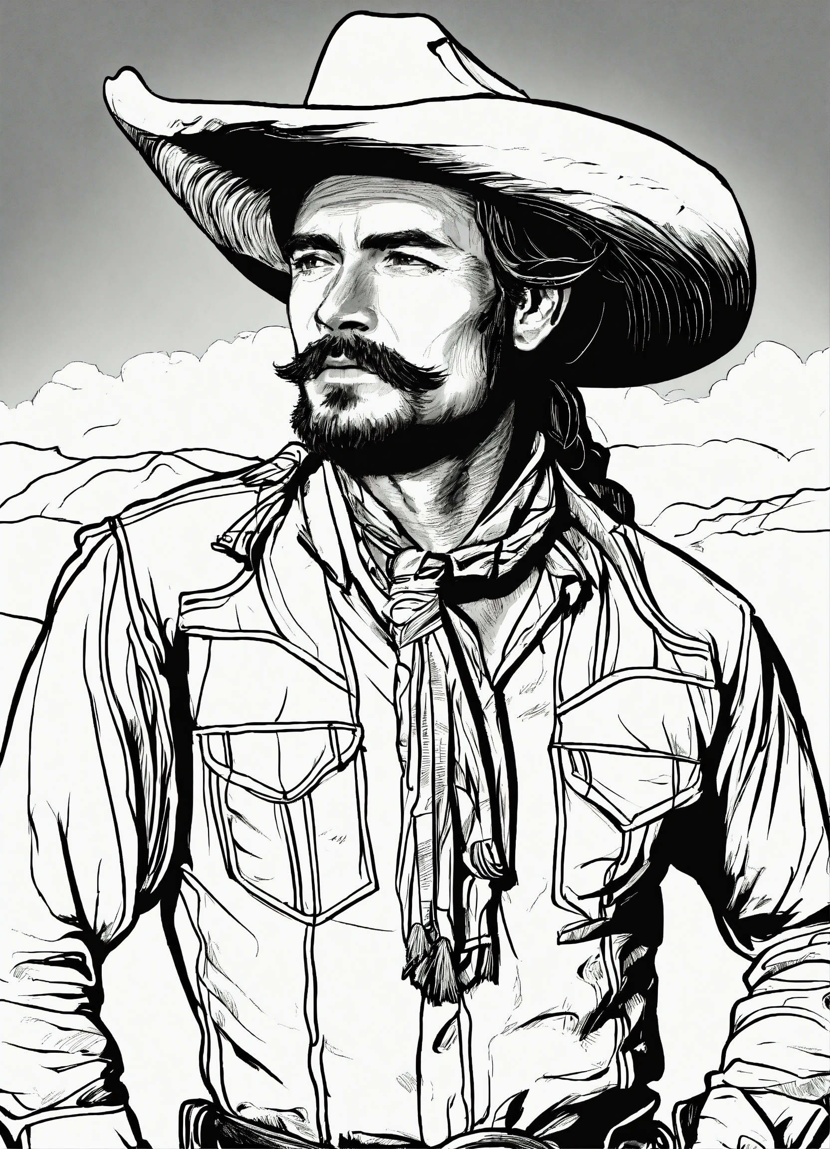 Lexica - Black and white line drawing of vaquero man, upper body, white ...