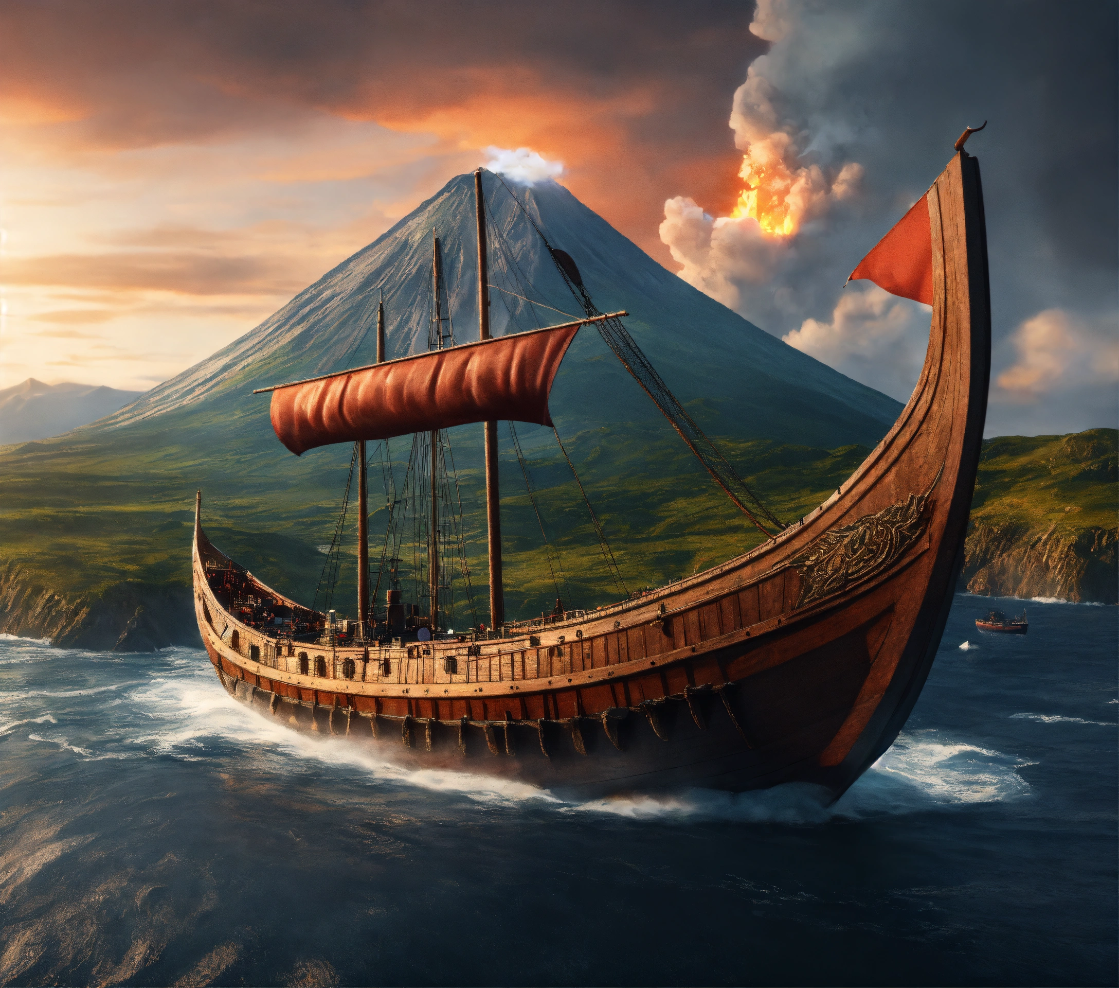Lexica - Viking ship Floating above a (volcano1.2) sailing north east ...