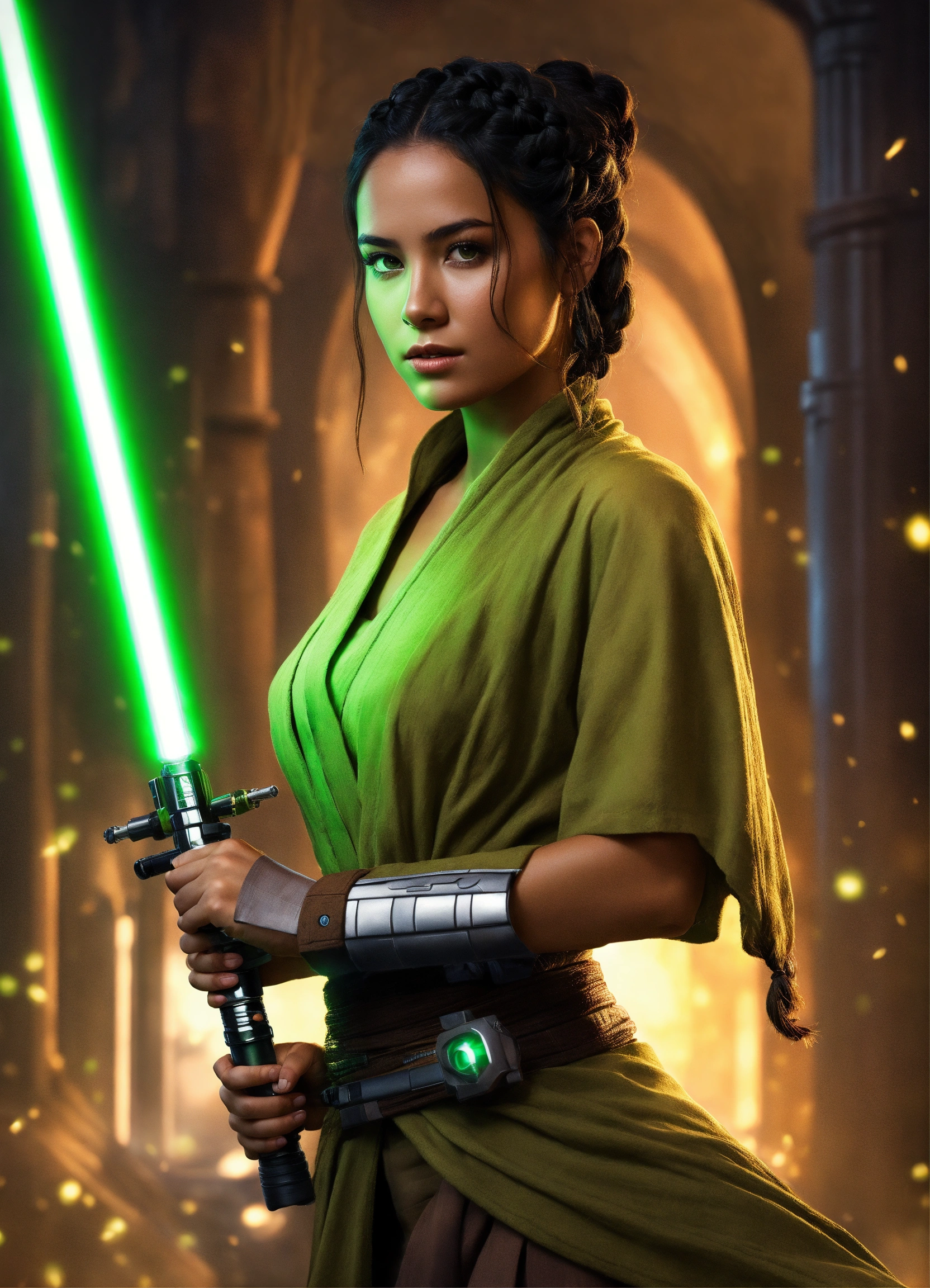 Lexica - Young woman, jedi knight, holding two green lightsabers, olive ...