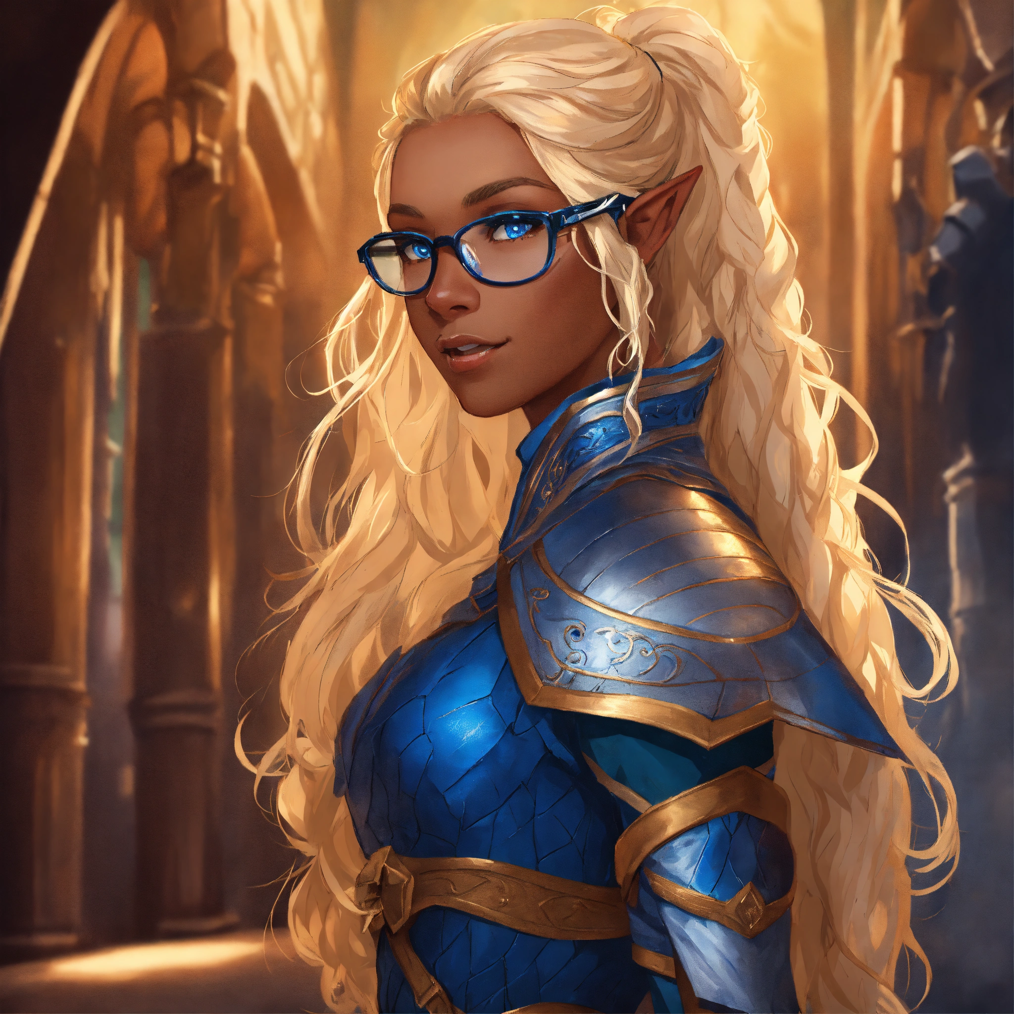 Lexica - A very brown skinned half elf woman, wearing glasses with deep ...