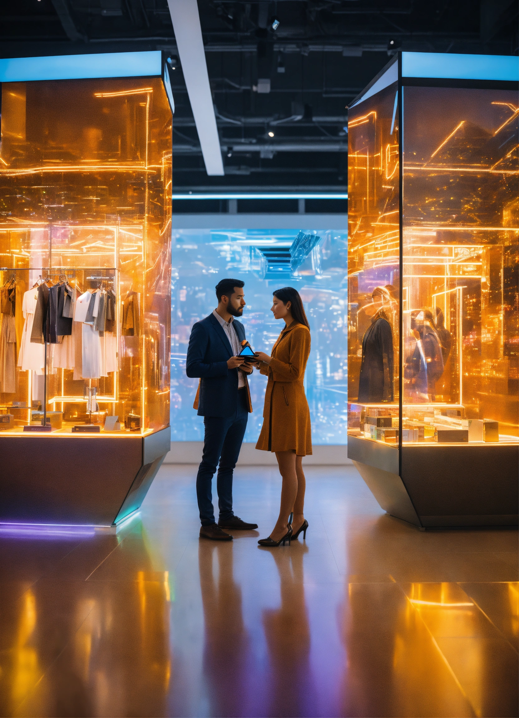 Lexica - Portrait of a man and woman in a high-tech shopping mall with ...