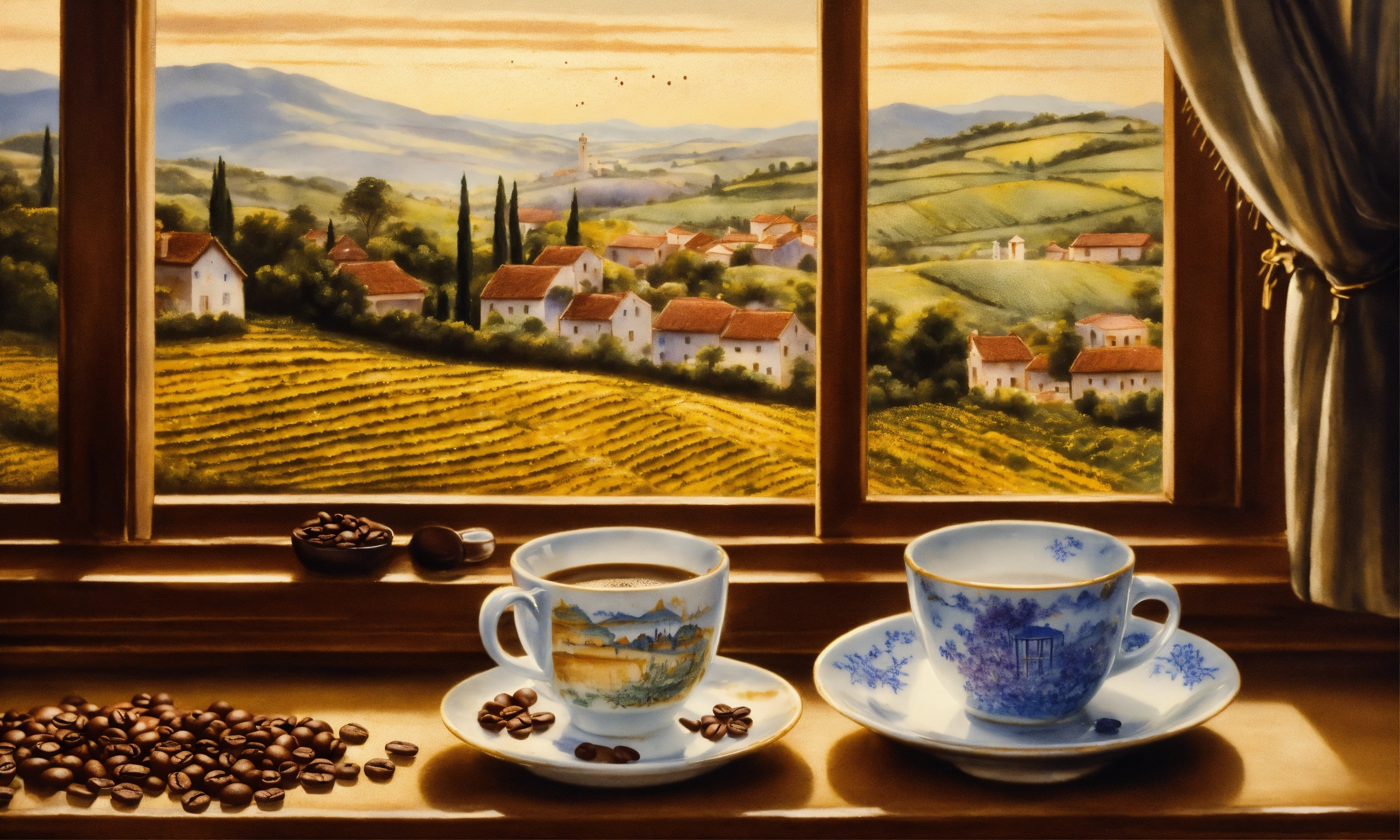 Lexica - ((close up on hot cup of coffee)),an old hand-painted ...