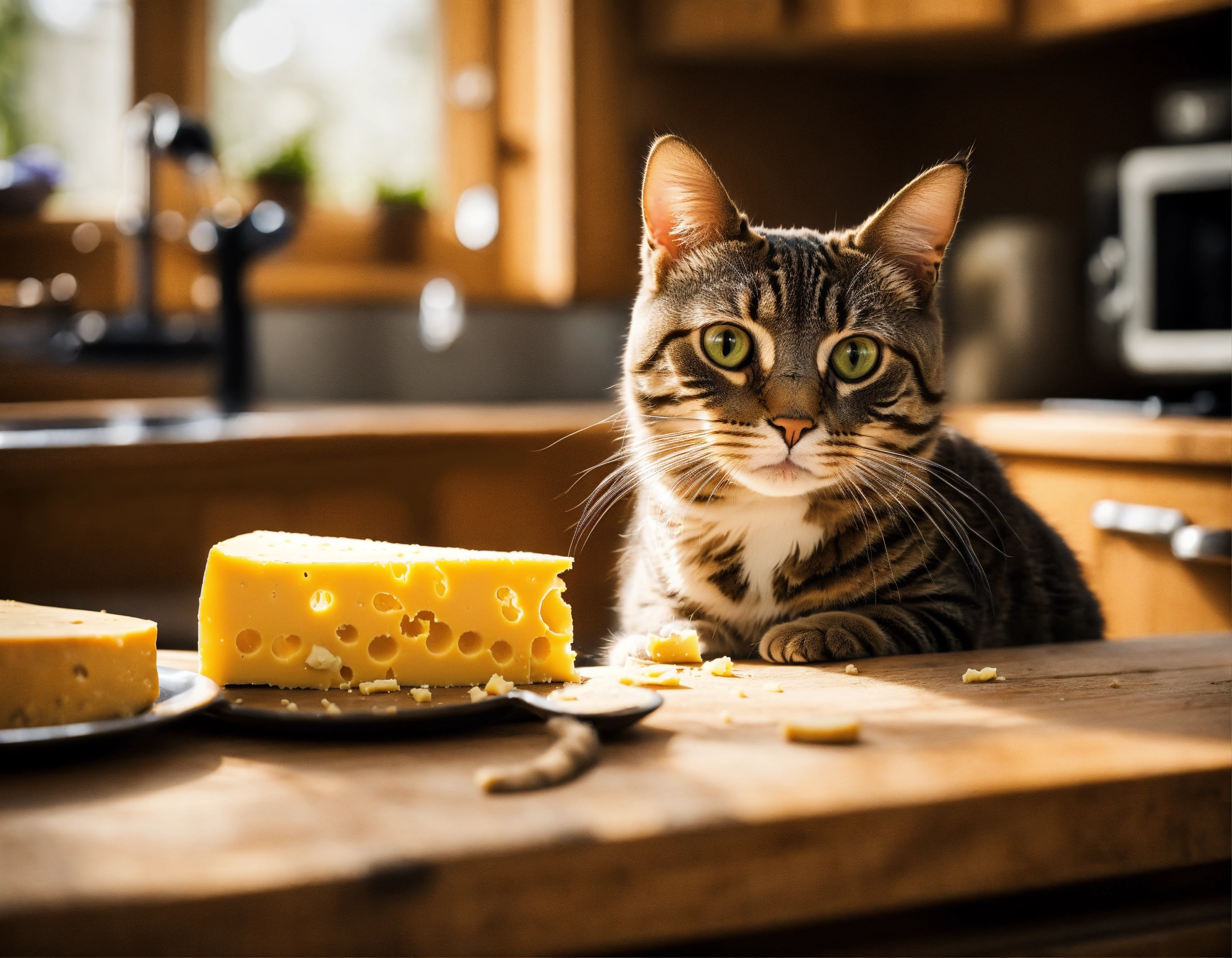 Lexica - Cute cat eating cheese in the kitchen