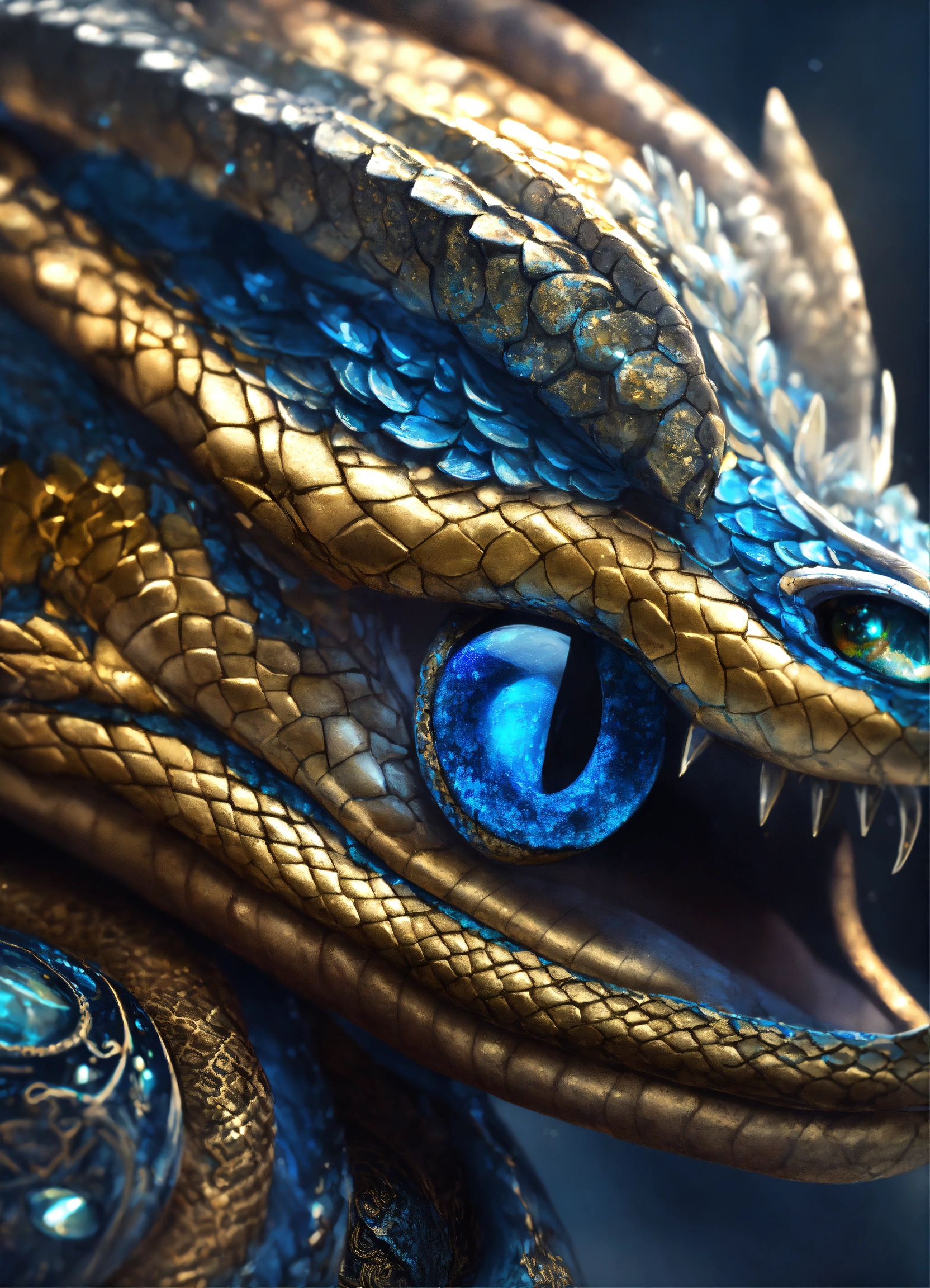 Lexica - A cute serpent in blue and silver, dazzling eyes and a third ...