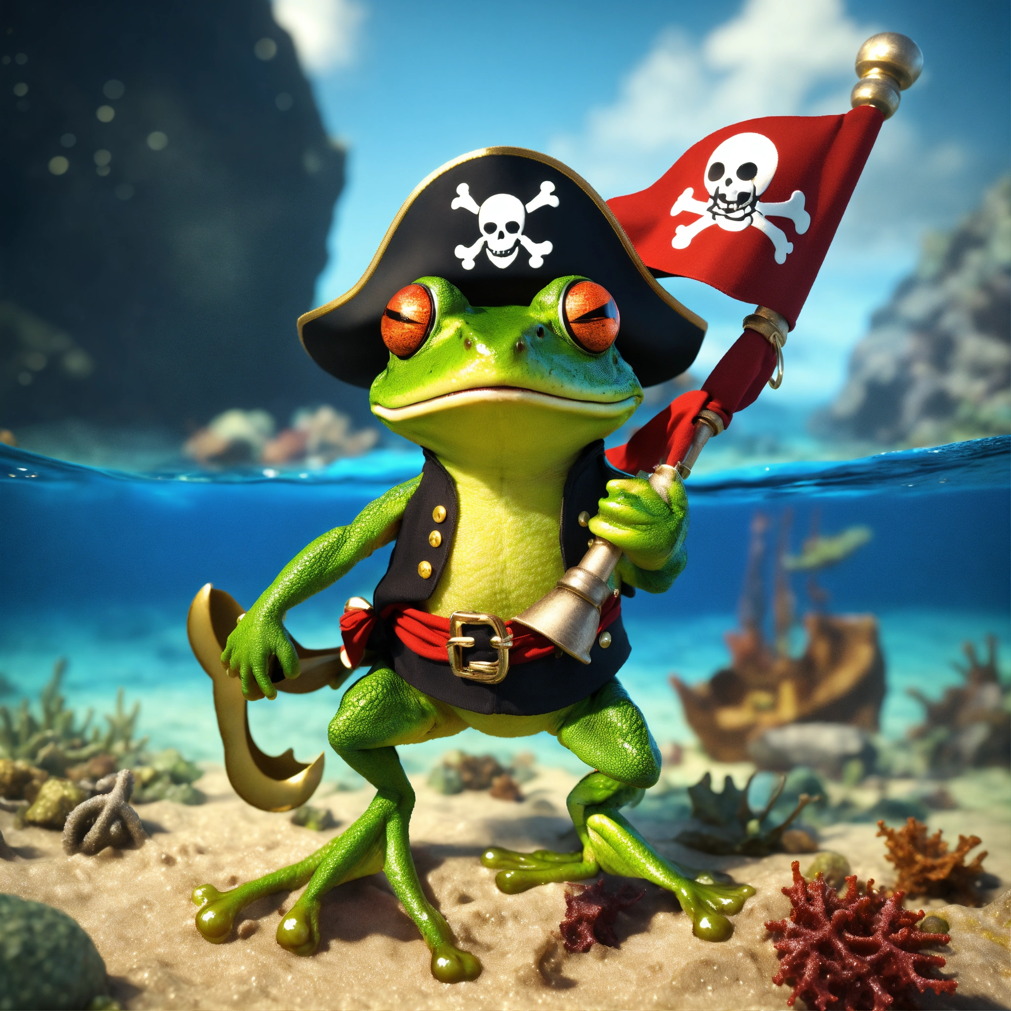 Lexica - Pirate frog, wearing a pirate hat, holding a pirate flag ...