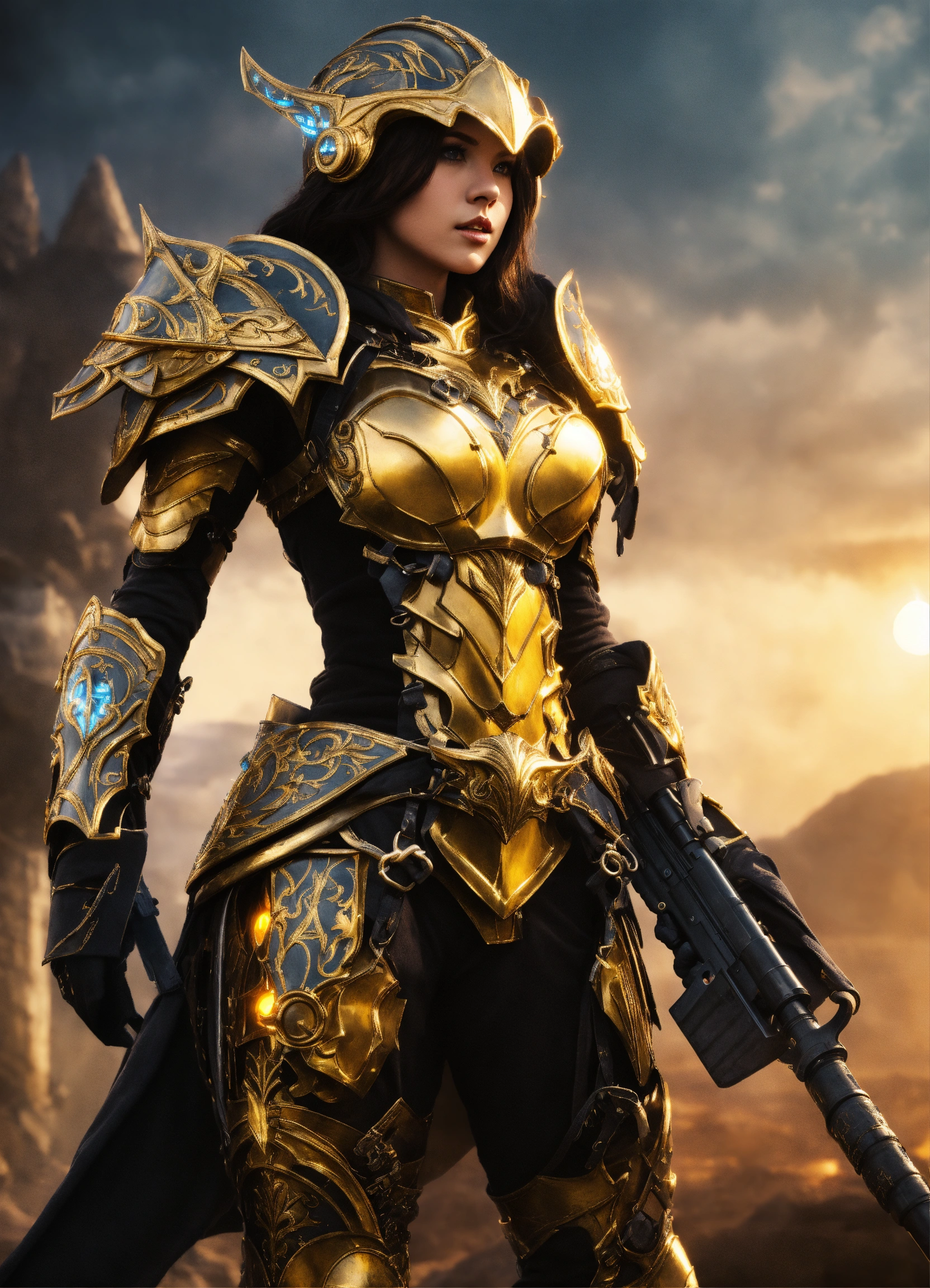 Lexica - Female fantasy character wearing heavy fantasy elven armor, black and gold armor and ...