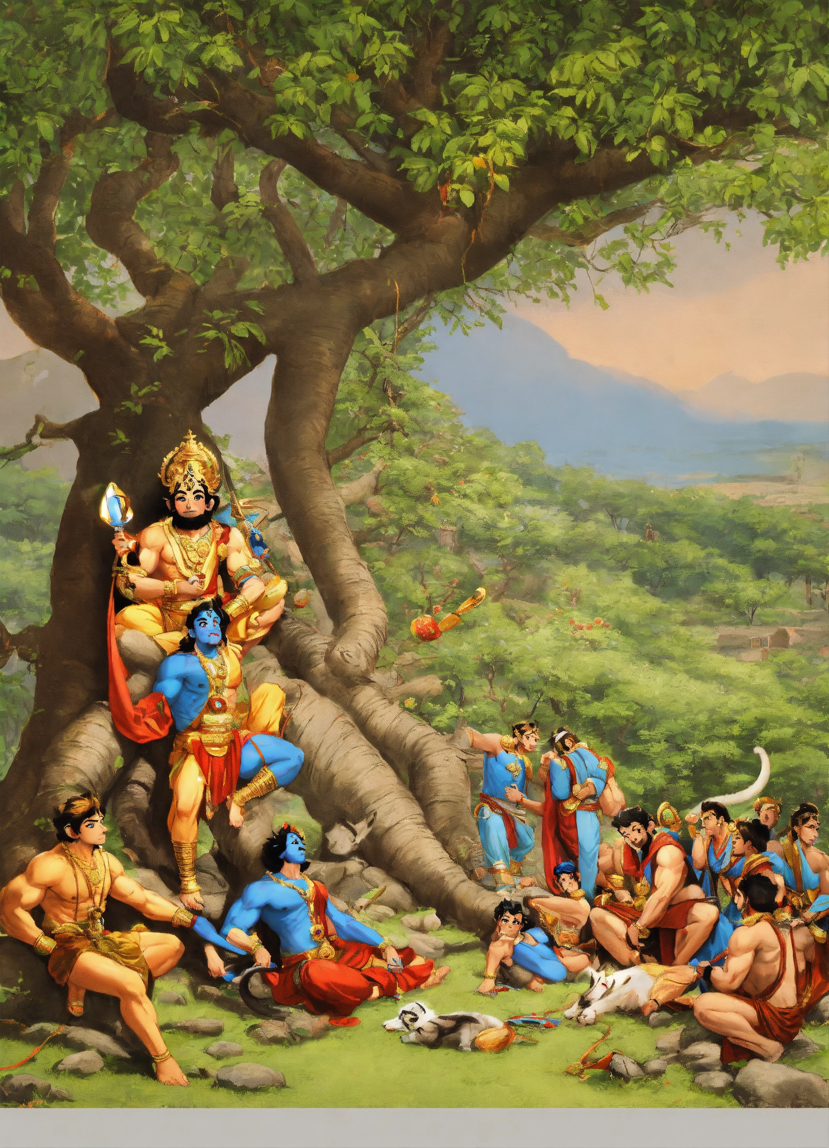 Lexica - Lord Hanuman relaxing under a Tree and all Avengers trying to ...