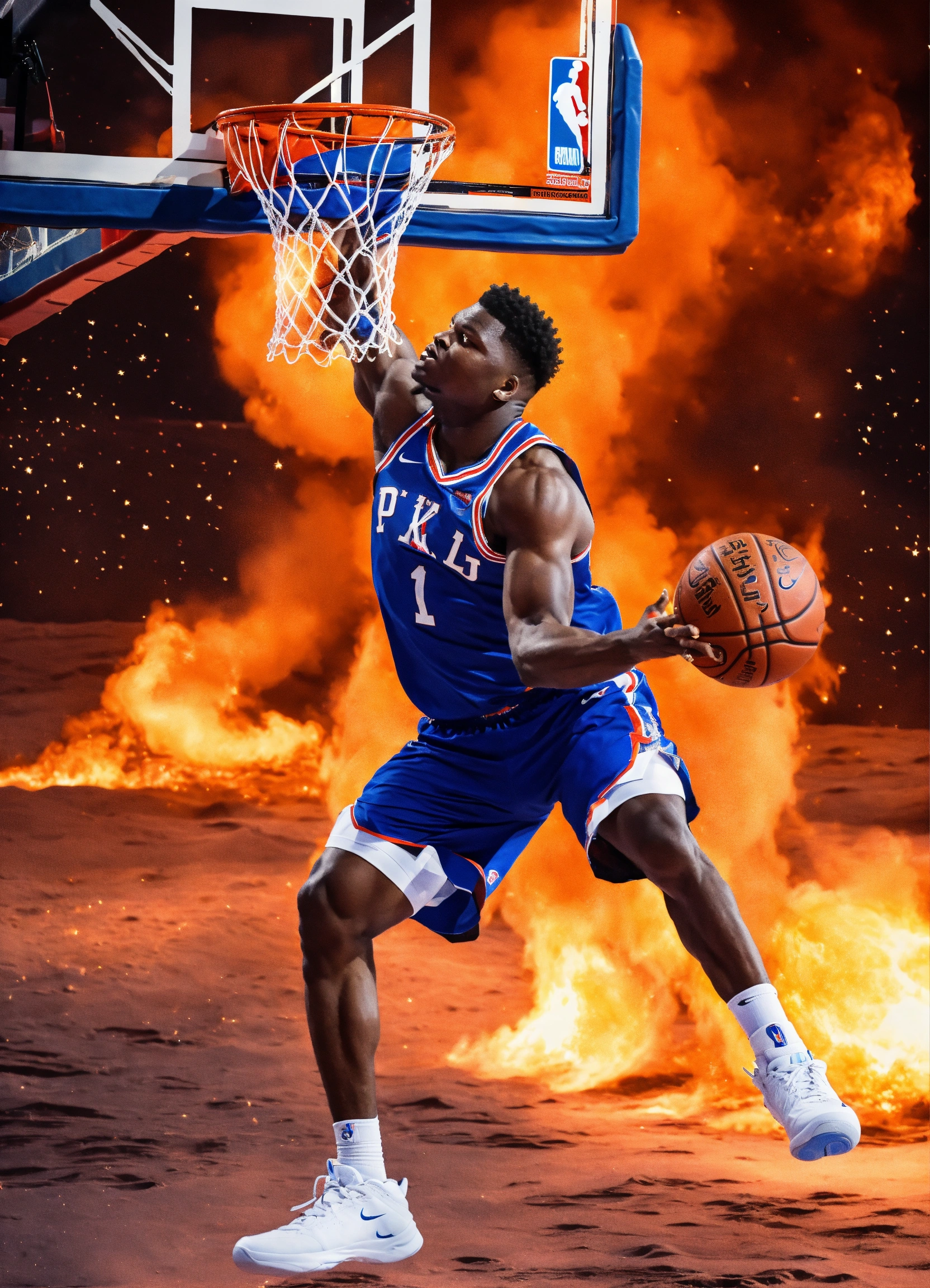 Lexica - Zion Williamson dunking flaming basketball on the moon.