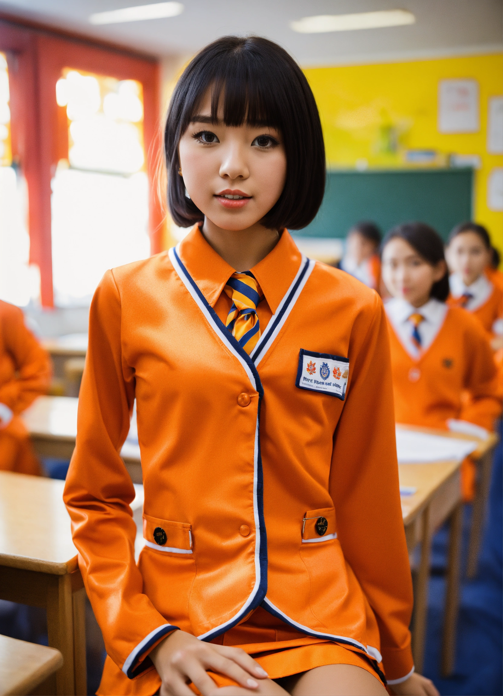 Lexica - Girl in glossy orange school uniform miniskirt
