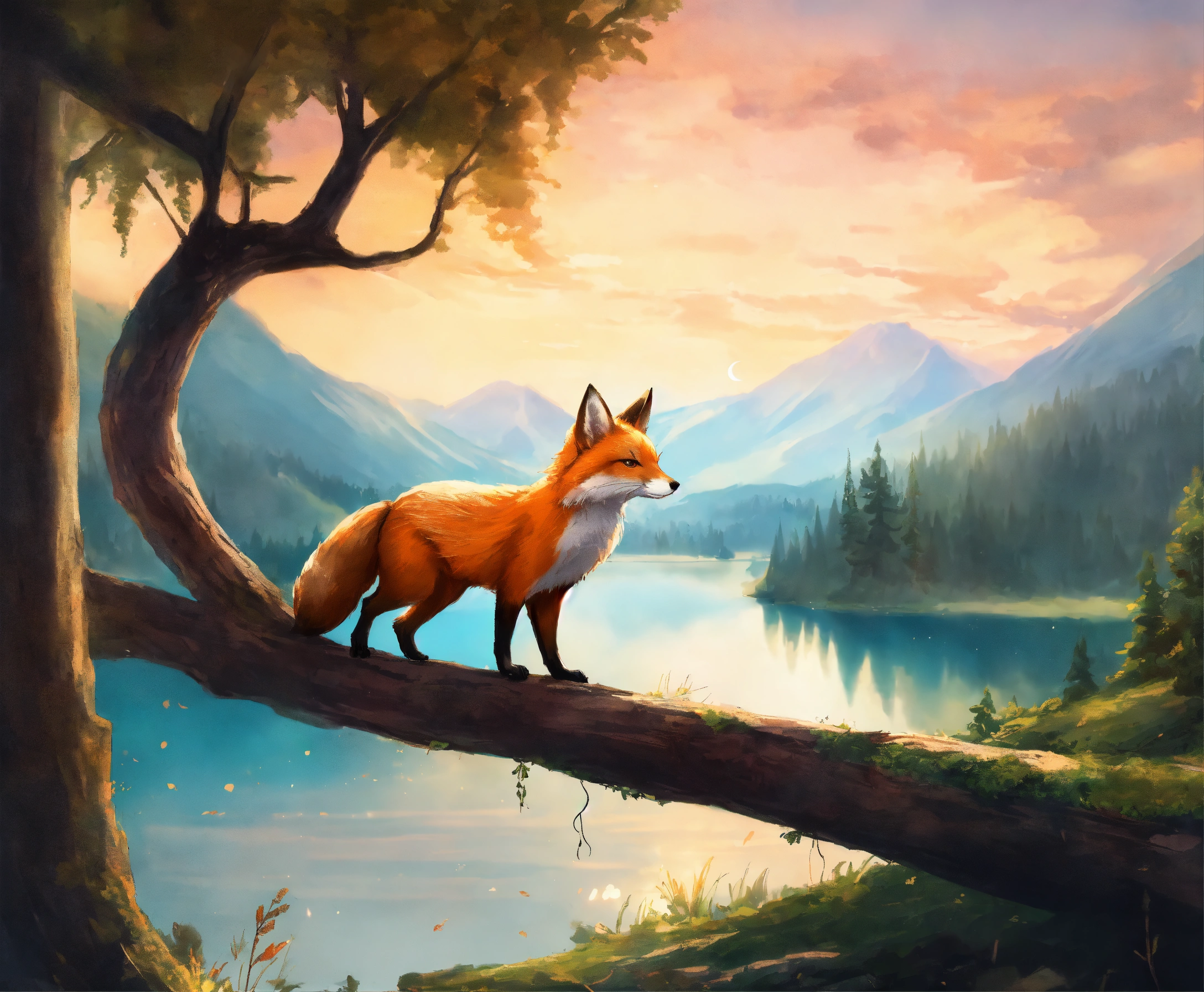Lexica - Concept art of a wild small fox on a tree branch with a long ...
