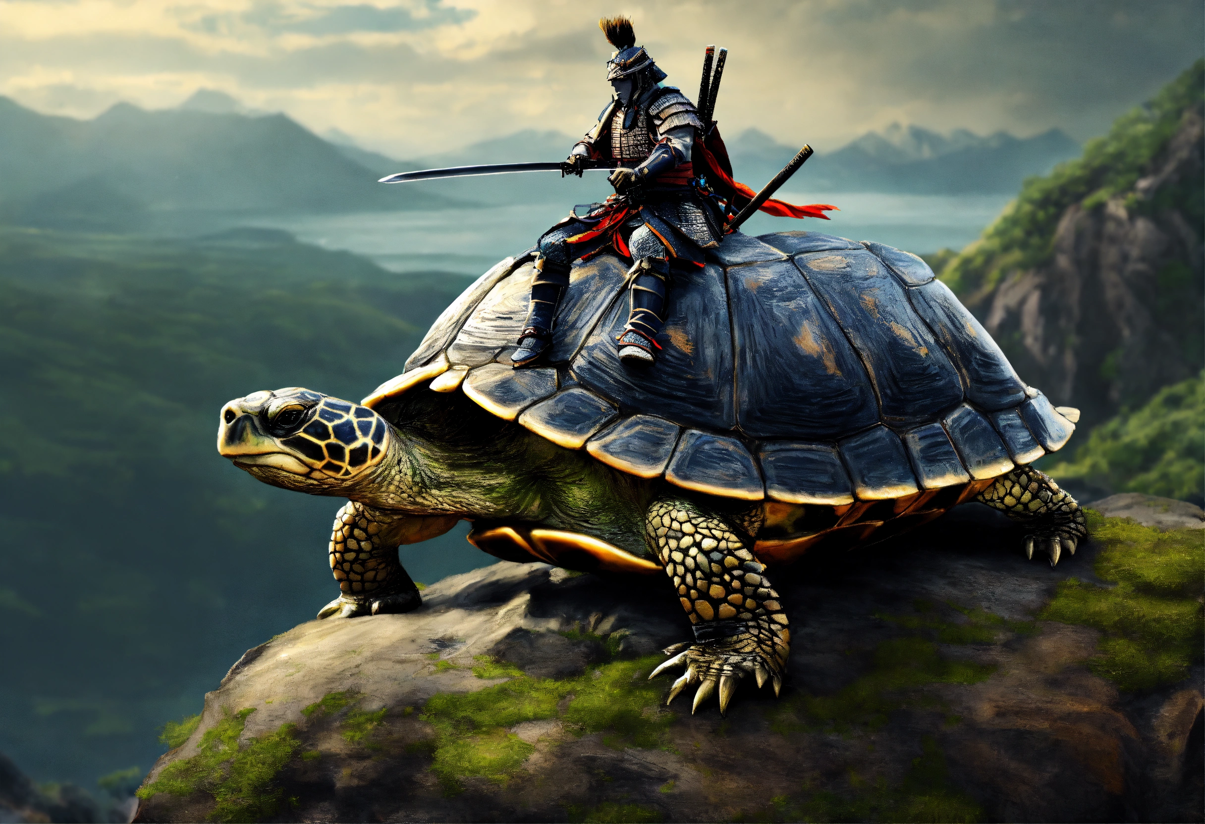 Lexica - Turtle Samurai. Mountain Peak. Hyper realistic.