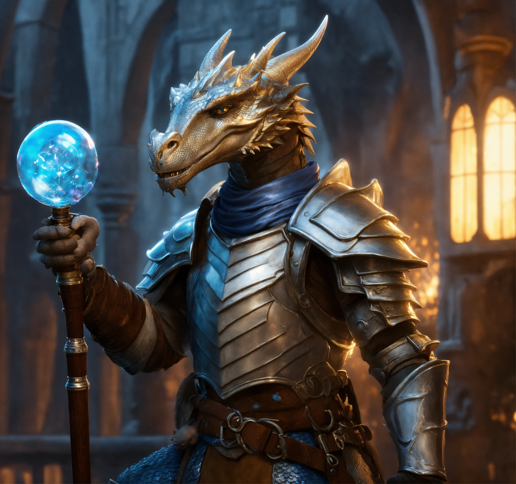 Lexica - A tall, skinny silver dragonborn with human blue eyes wearing ...