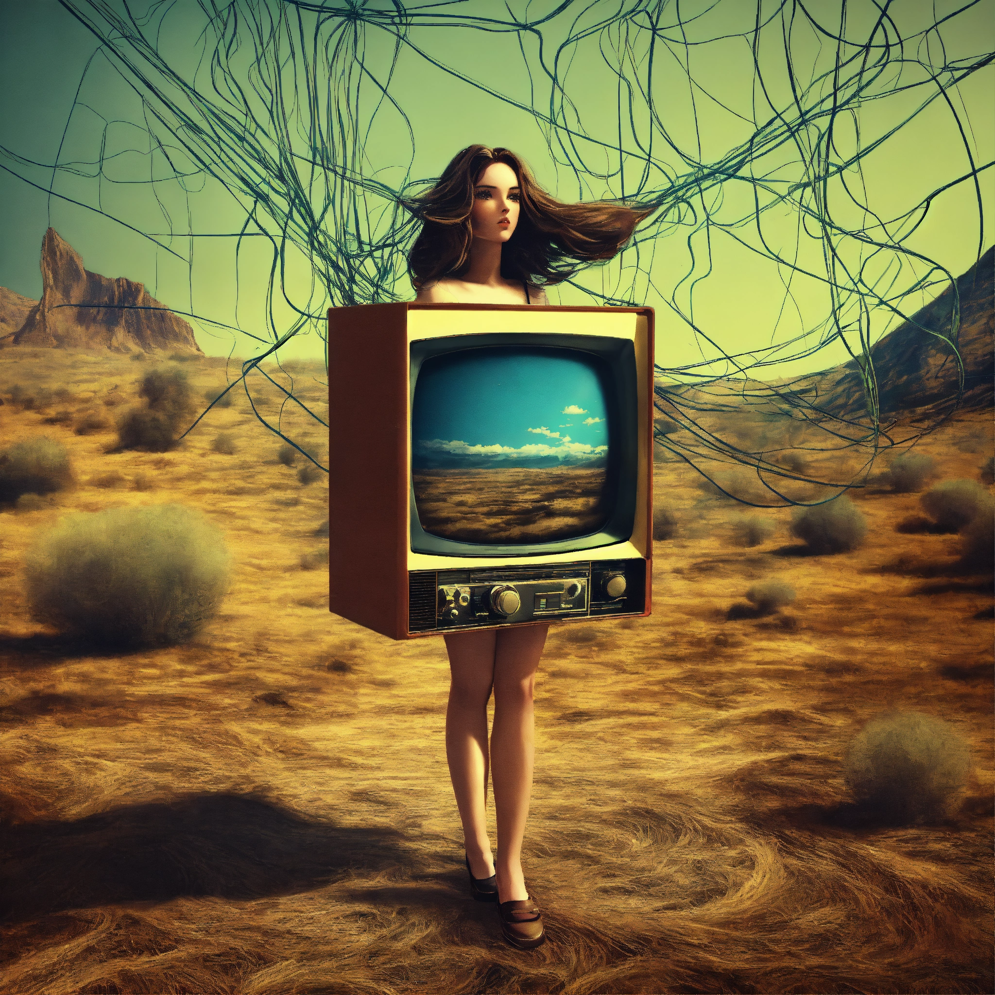 Lexica - Retro TV Static World Place a woman with long brown hair in a ...