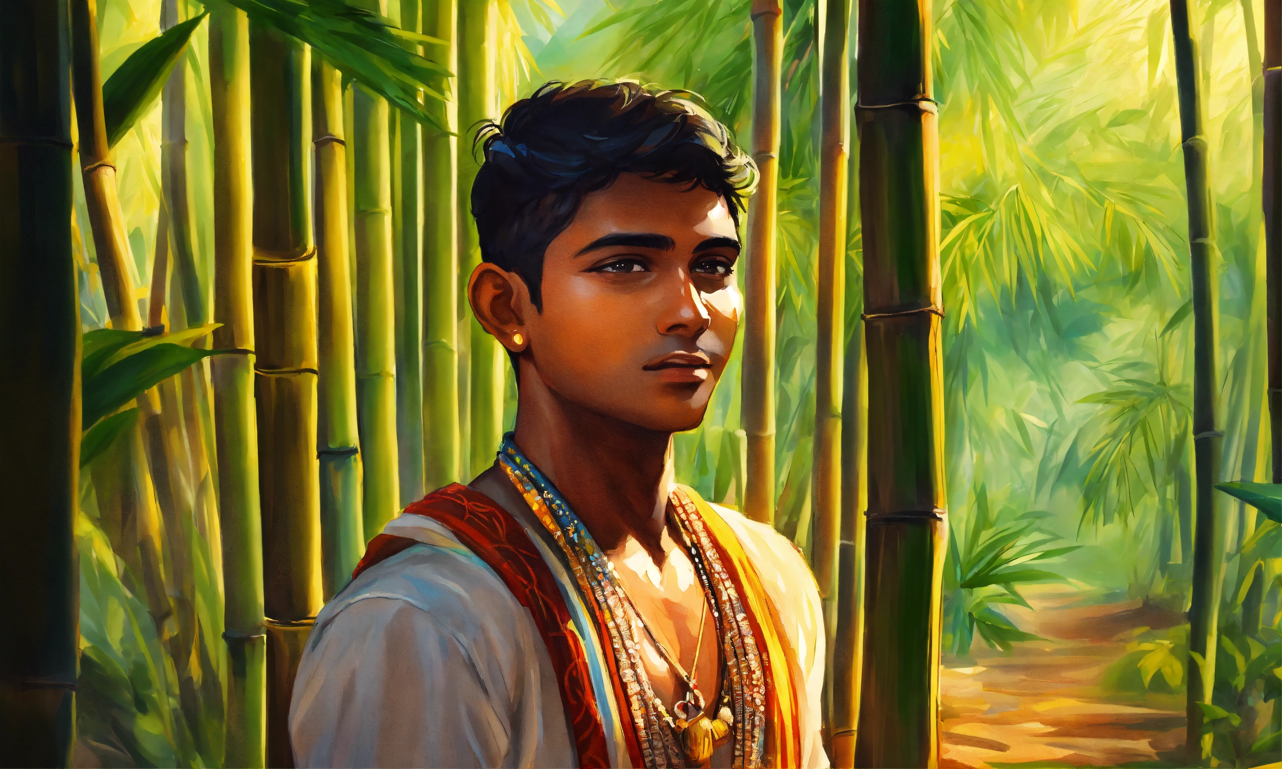 Lexica - A hand drawn painting of young Indian man in a bamboo hut, 4K ...
