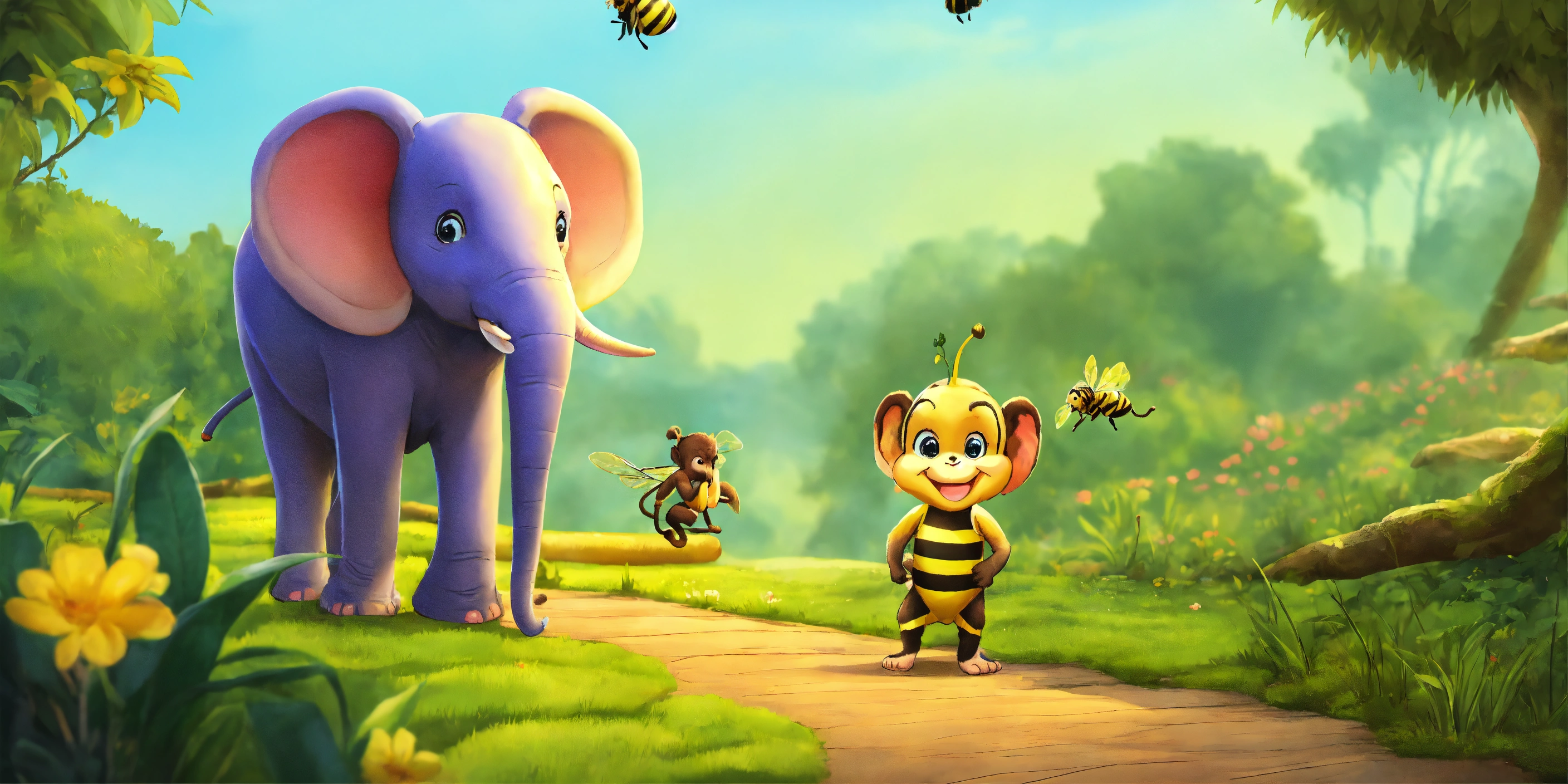 Lexica - Bee watching small monkey and elephant cartoon