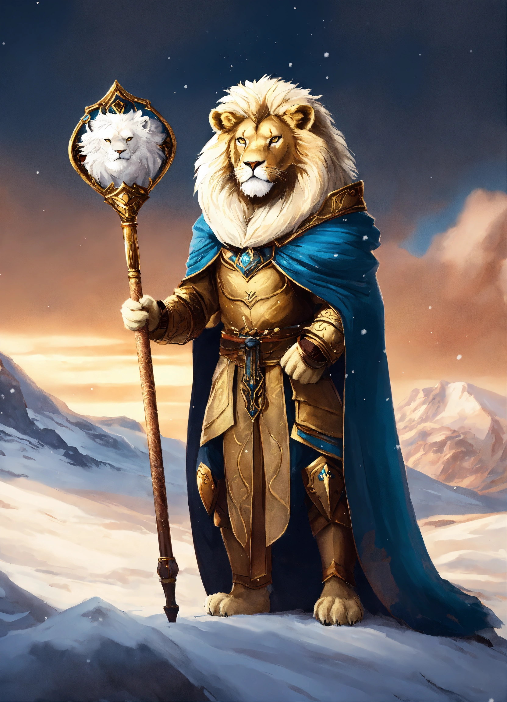 Lexica - Anthropomorphic lion with white fur, wearing a heavy cloak ...