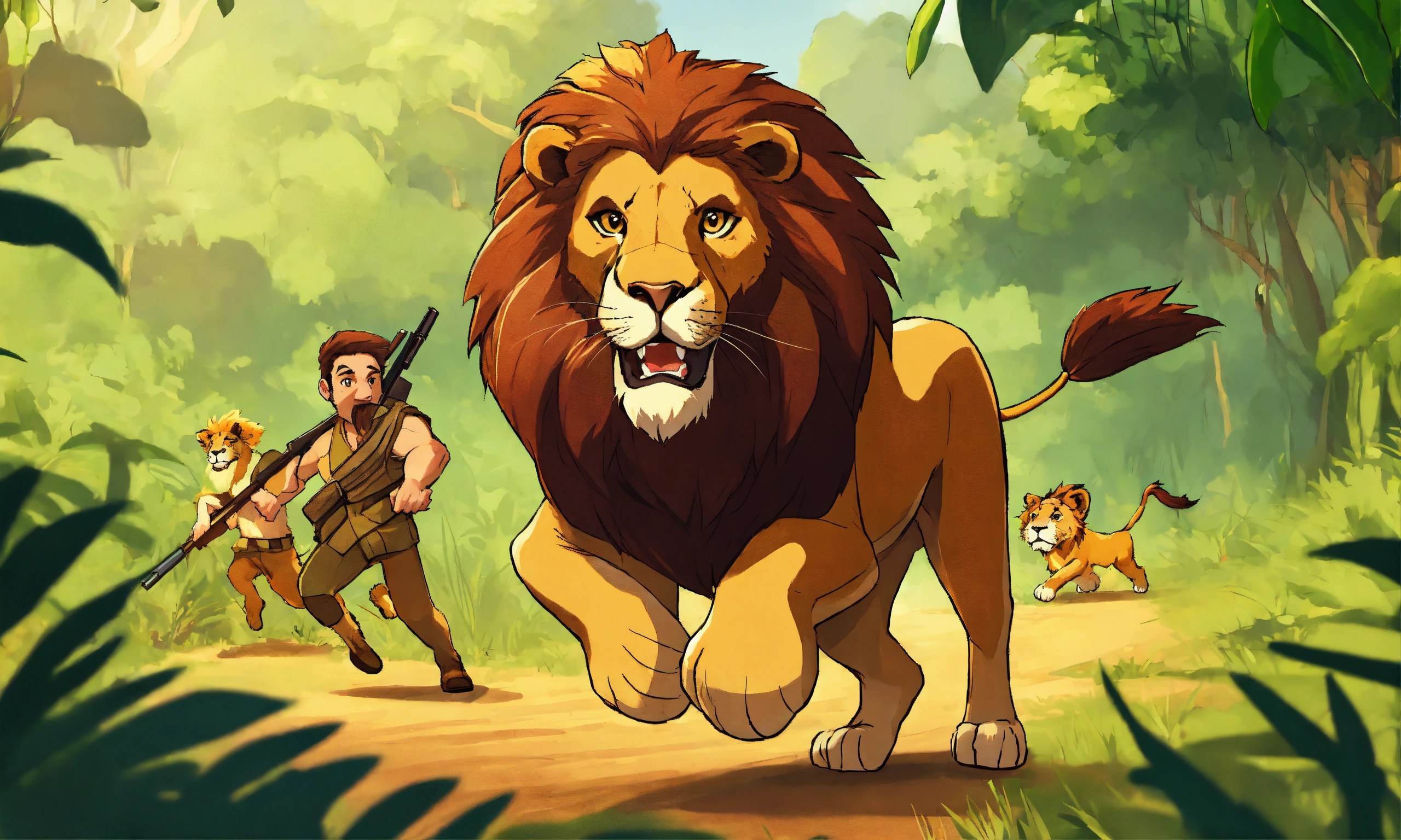 Lexica - Cartoon lion chasing men hunters in jungle