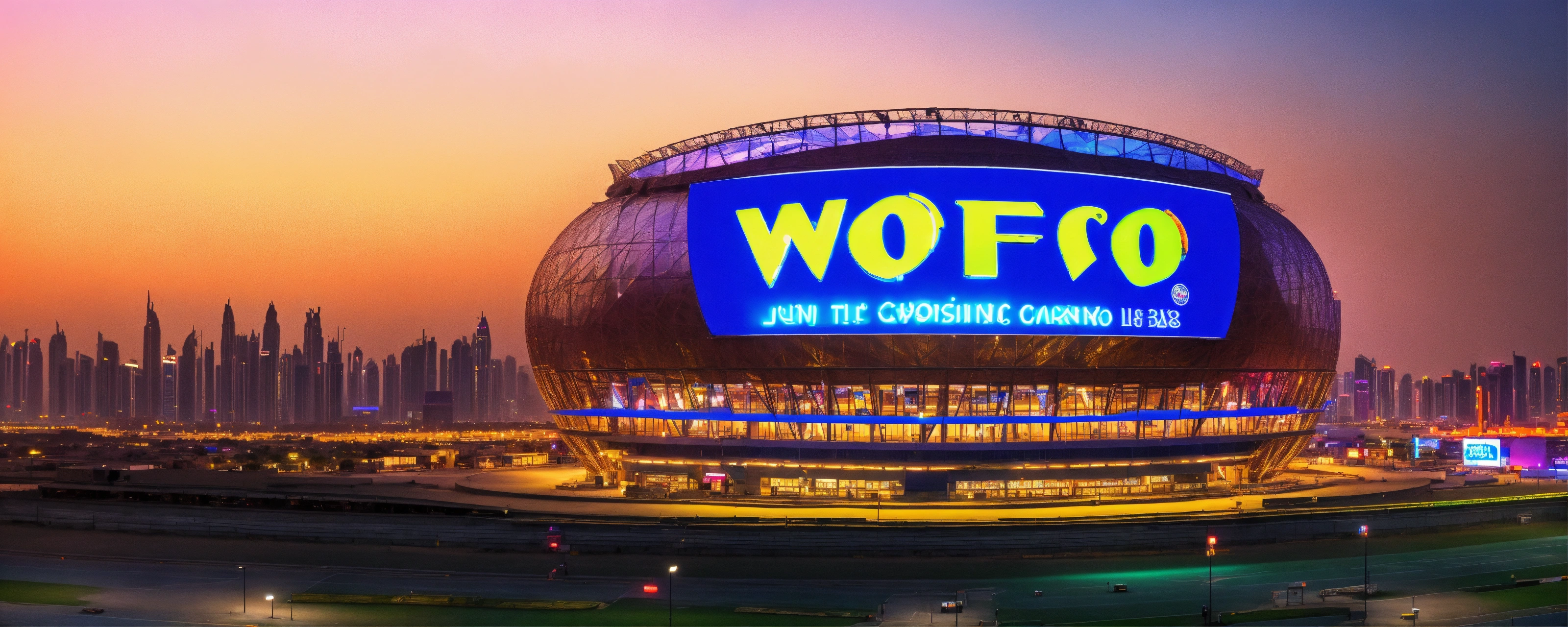 Lexica - Ball shaped stadium name WOFO with ball logo WOFO neon lights ...