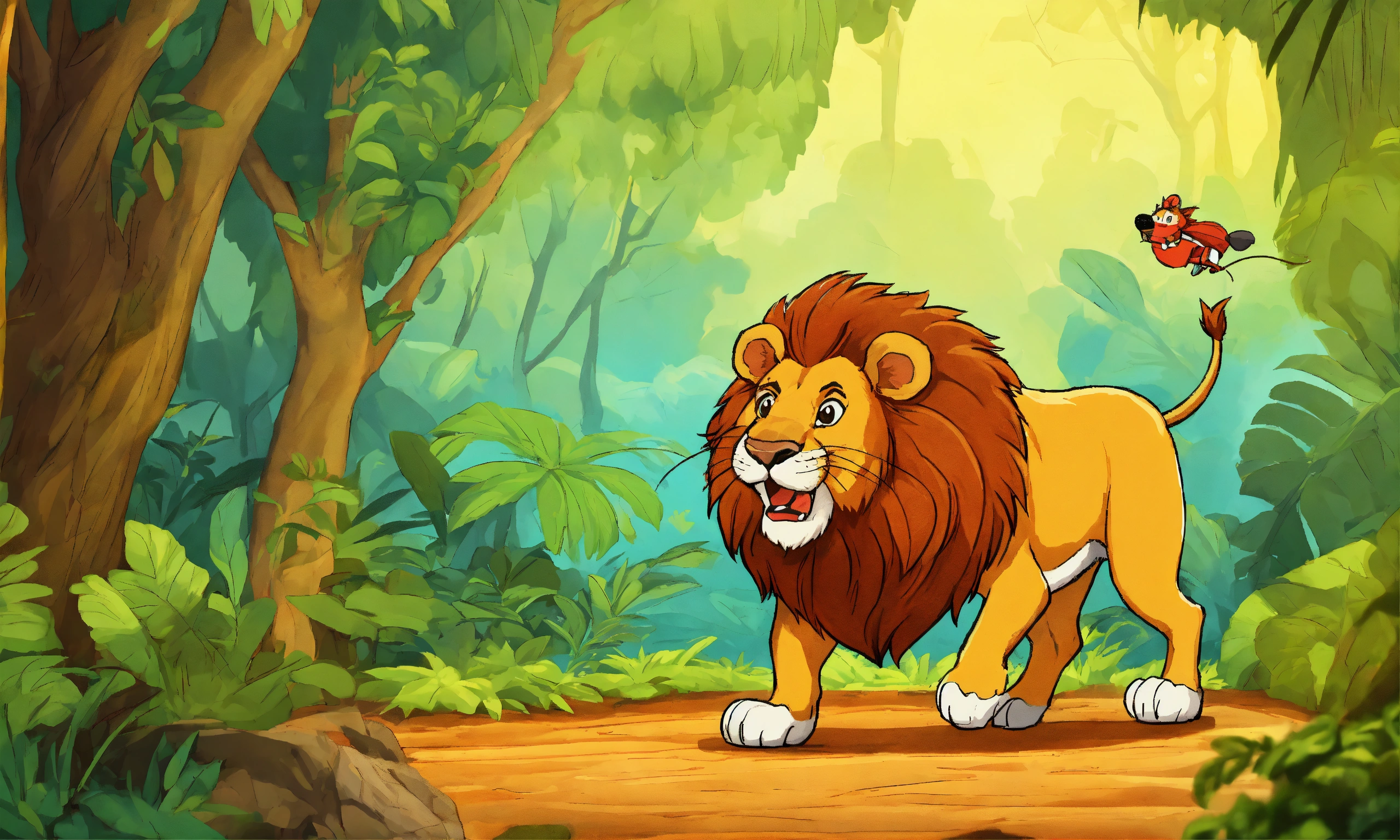 Lexica - Cartoon big lion catching mouse in jungle