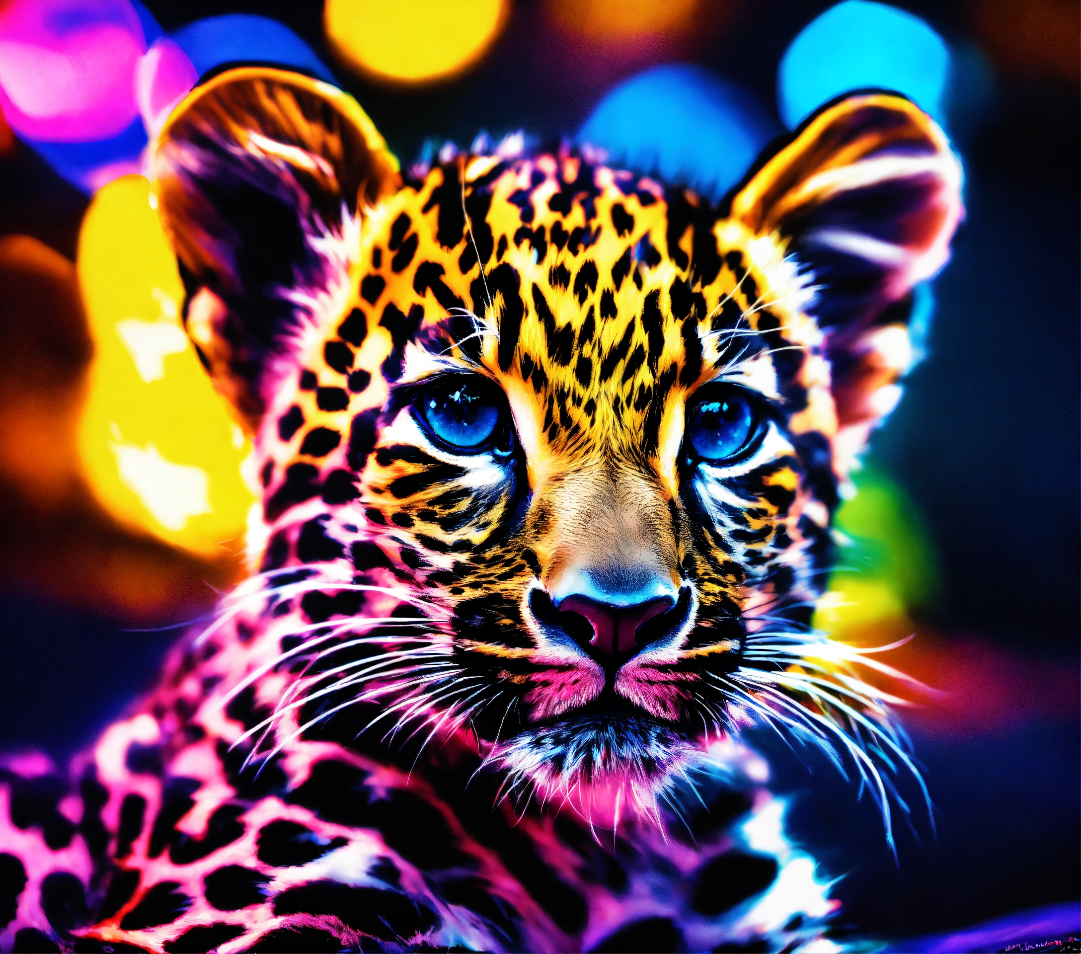 Lexica - Neon 90’s style portrait of baby leopard. Bright, contrasting ...