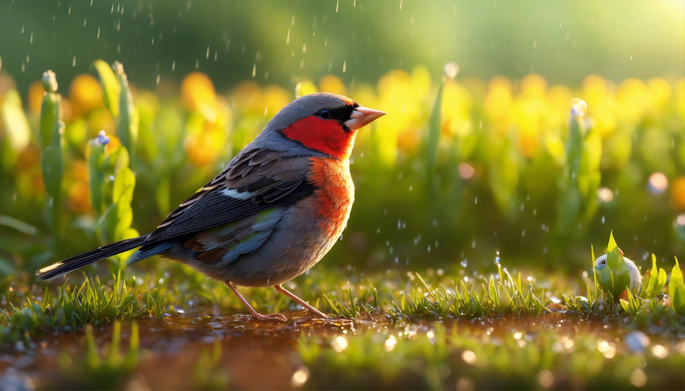 Lexica - "Create an image of a tiny finch tending to the field after ...