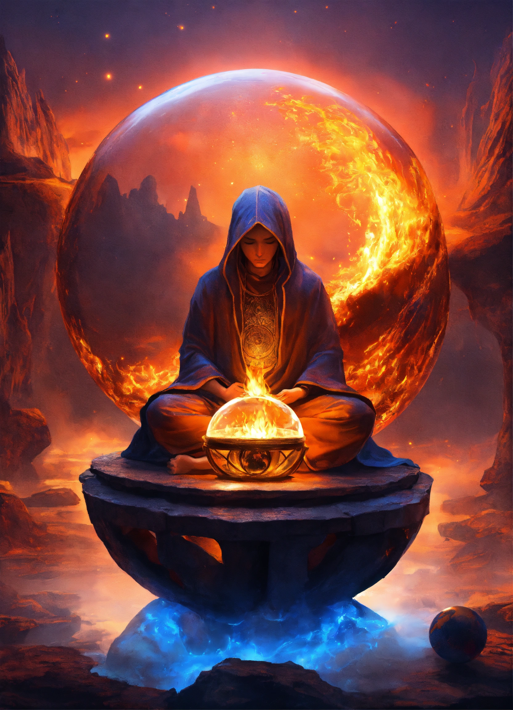 Lexica - Sphere made inliquid , fire , with a mage in cloth meditating ...
