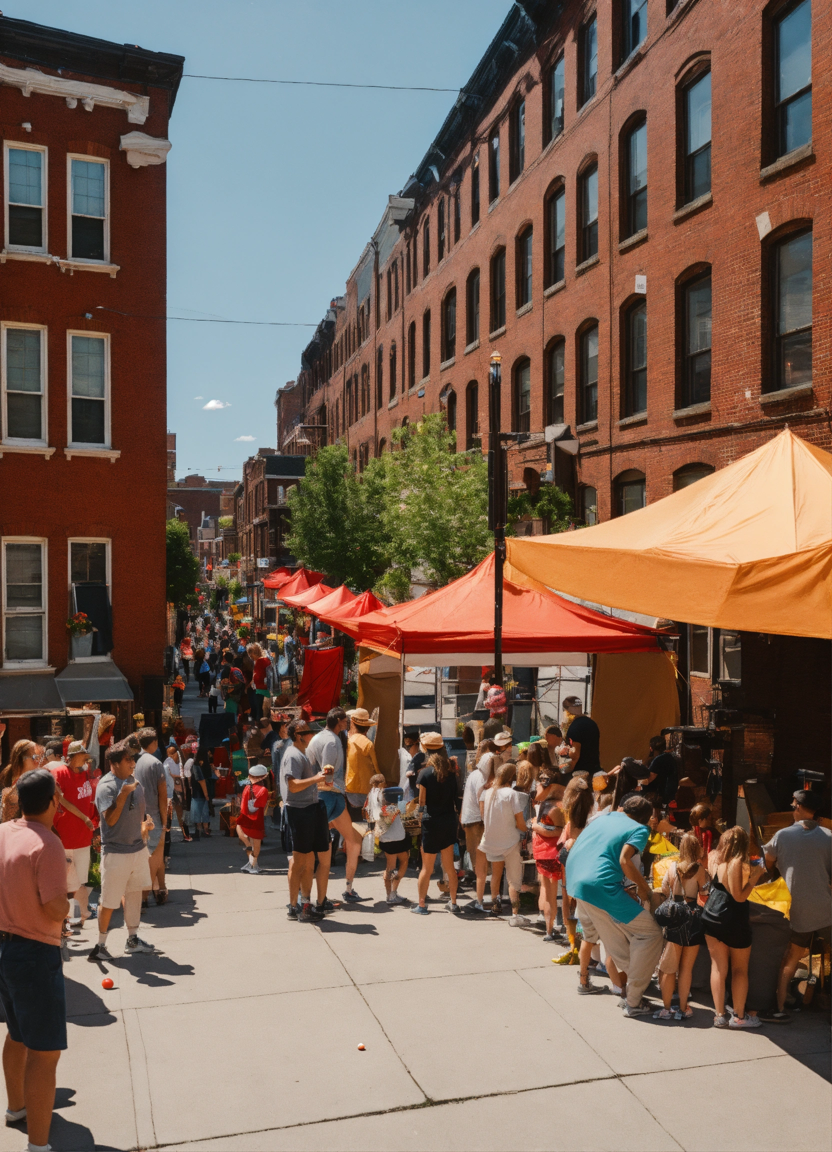 Lexica - Block party scene on a street, red brick buildings in ...
