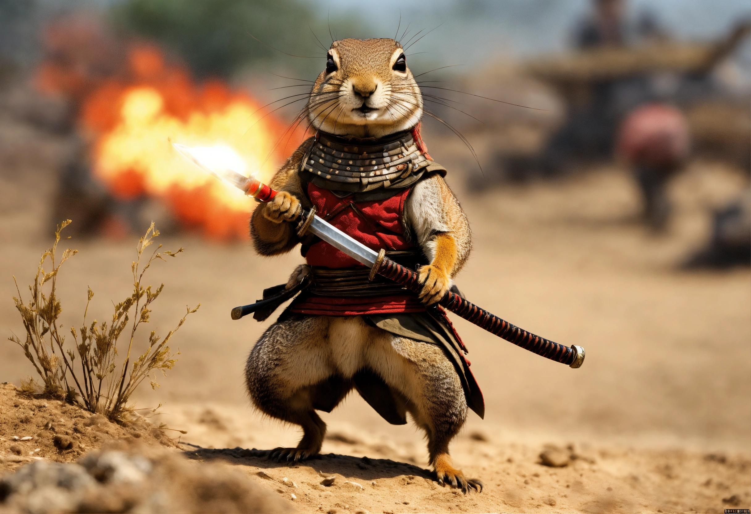Lexica - African ground squirrel samurai. battlefield. hyper realistic.