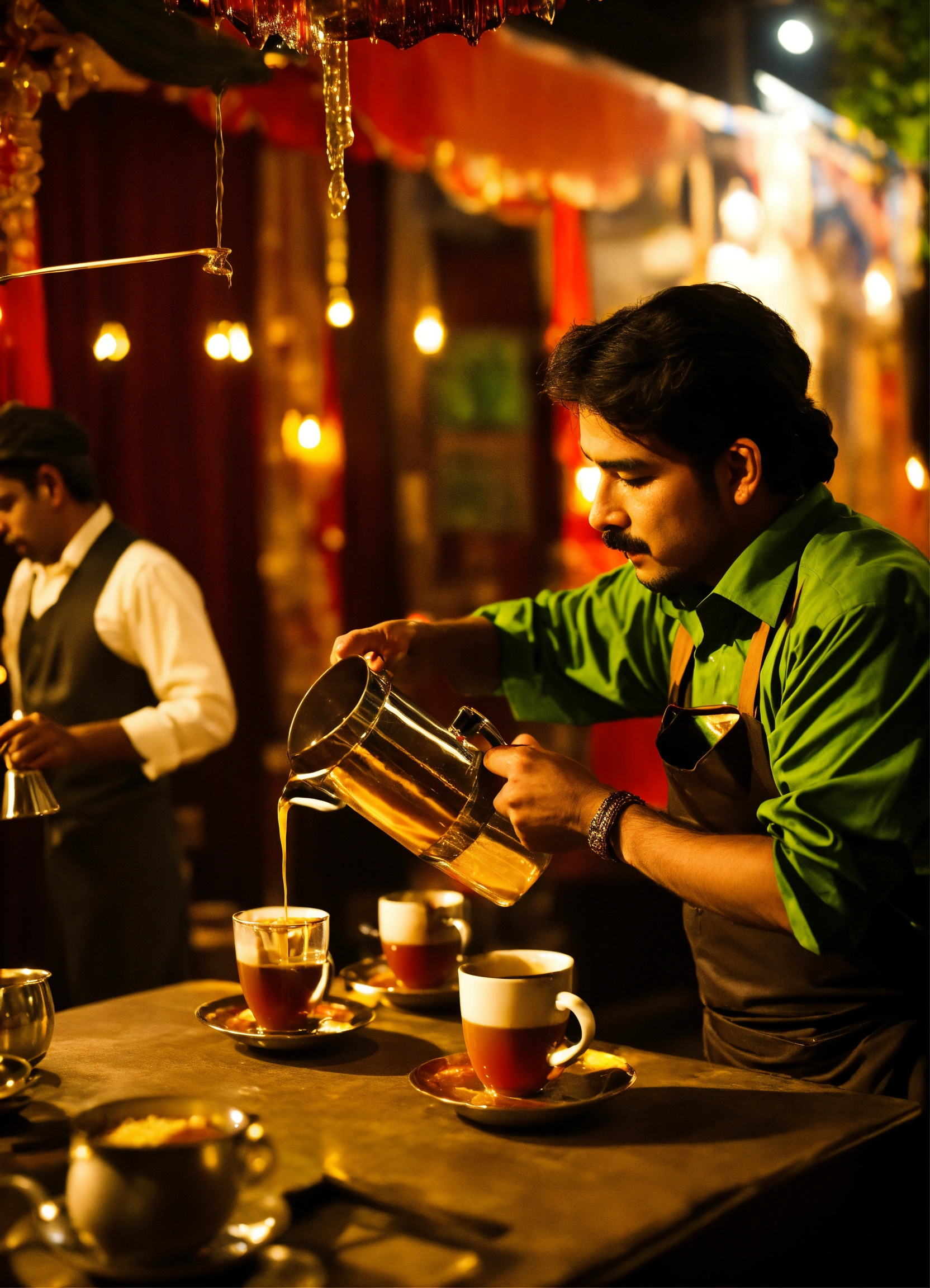 Lexica - Chai master pouring Chai tea from one cup to another cup that ...