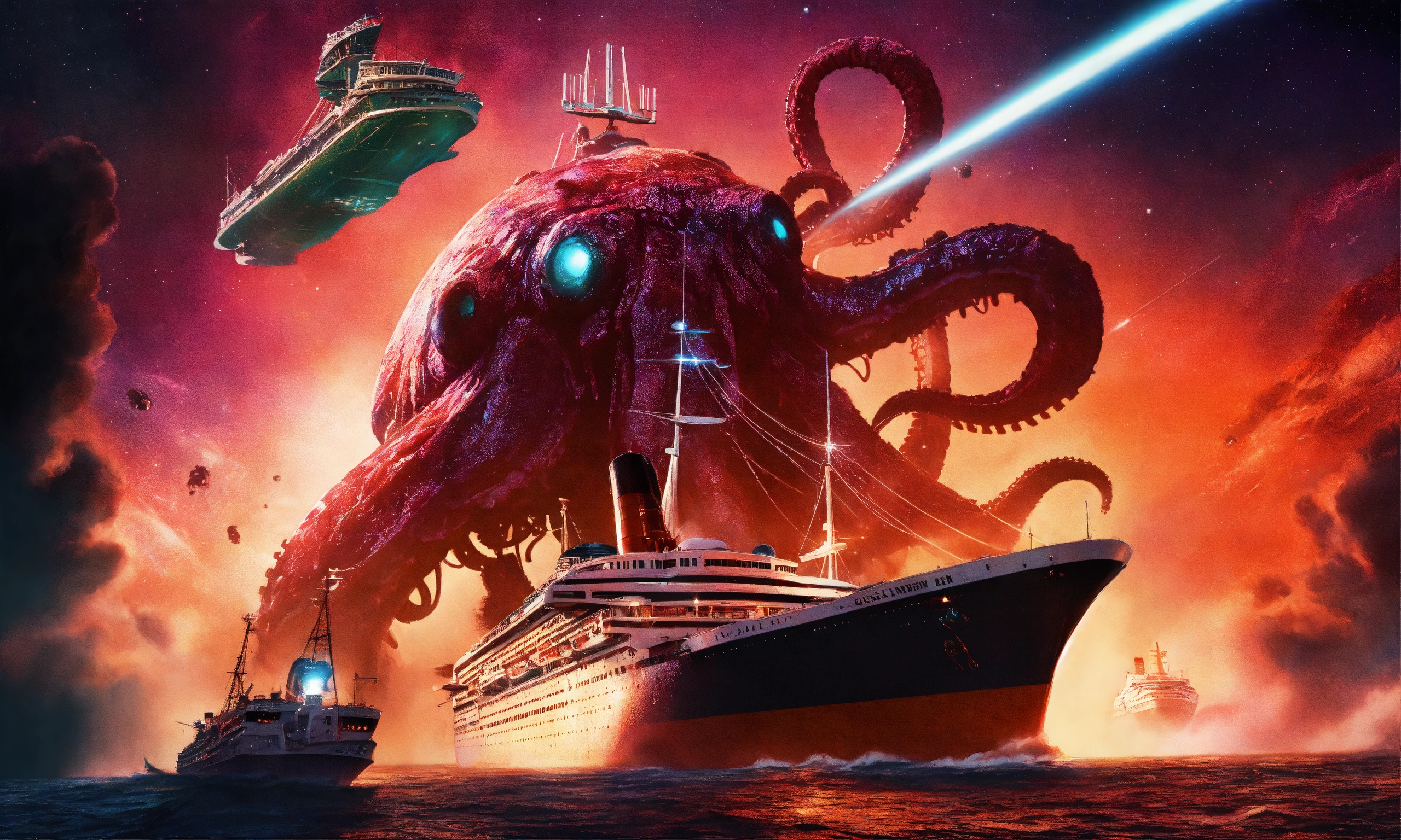 Lexica - Space kraken attacking cruiseship in space, movie poster. The text "SHIP IT" is in bold ...