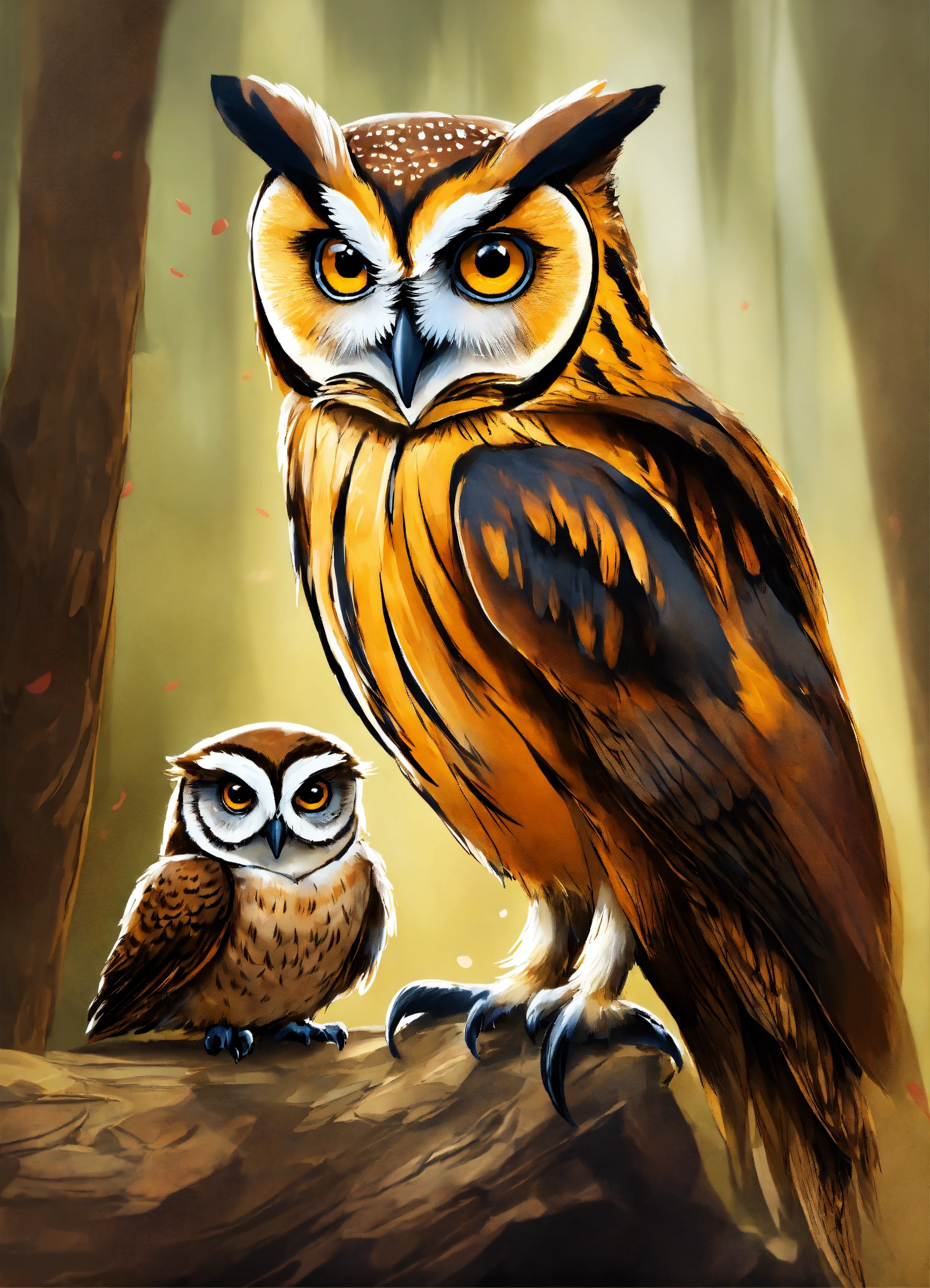 Lexica - Portrait of a small and a large owl, the small owl crying with ...