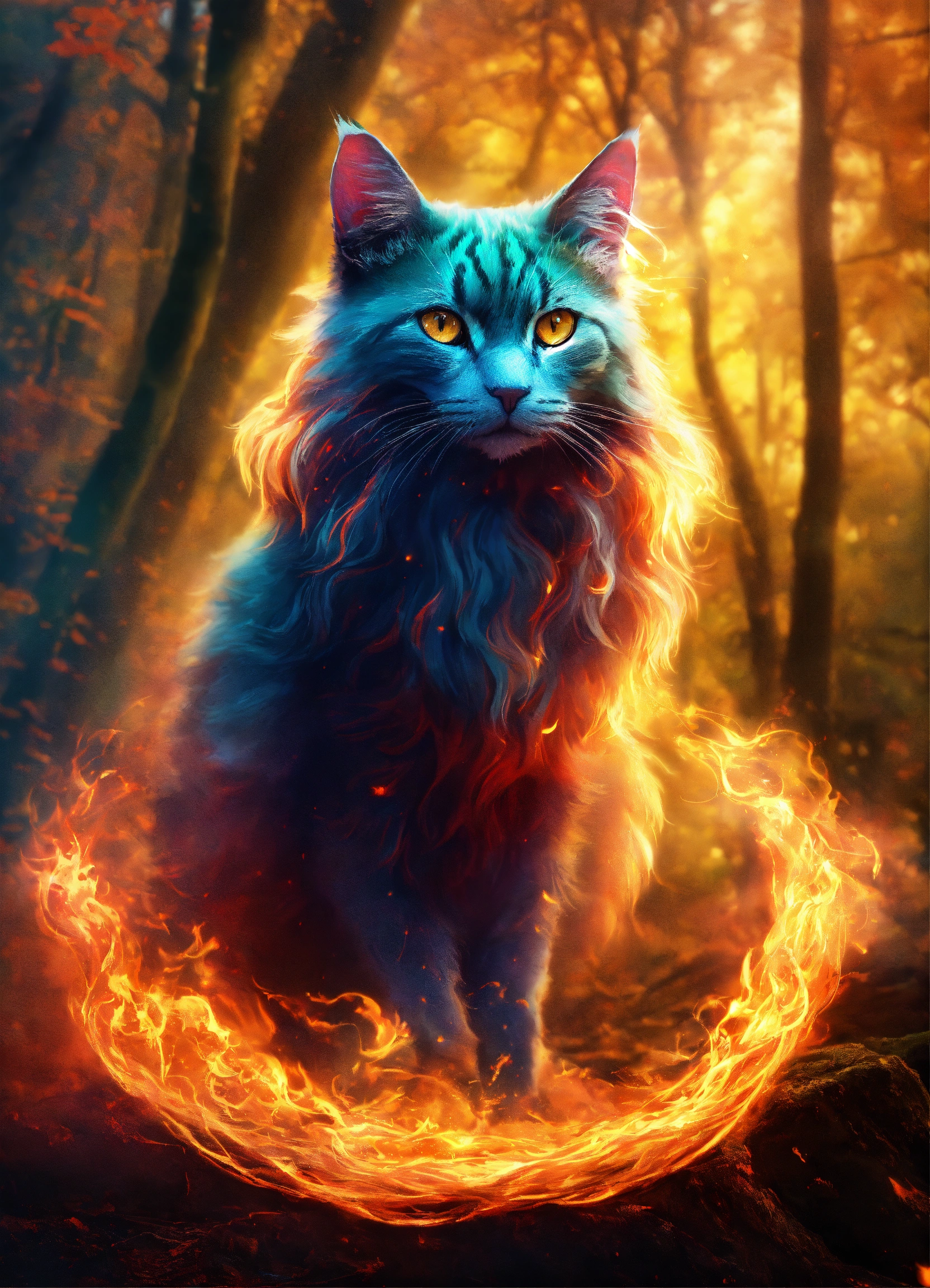 Lexica - A mystical cat spirit made of fire in an enchanted forest.